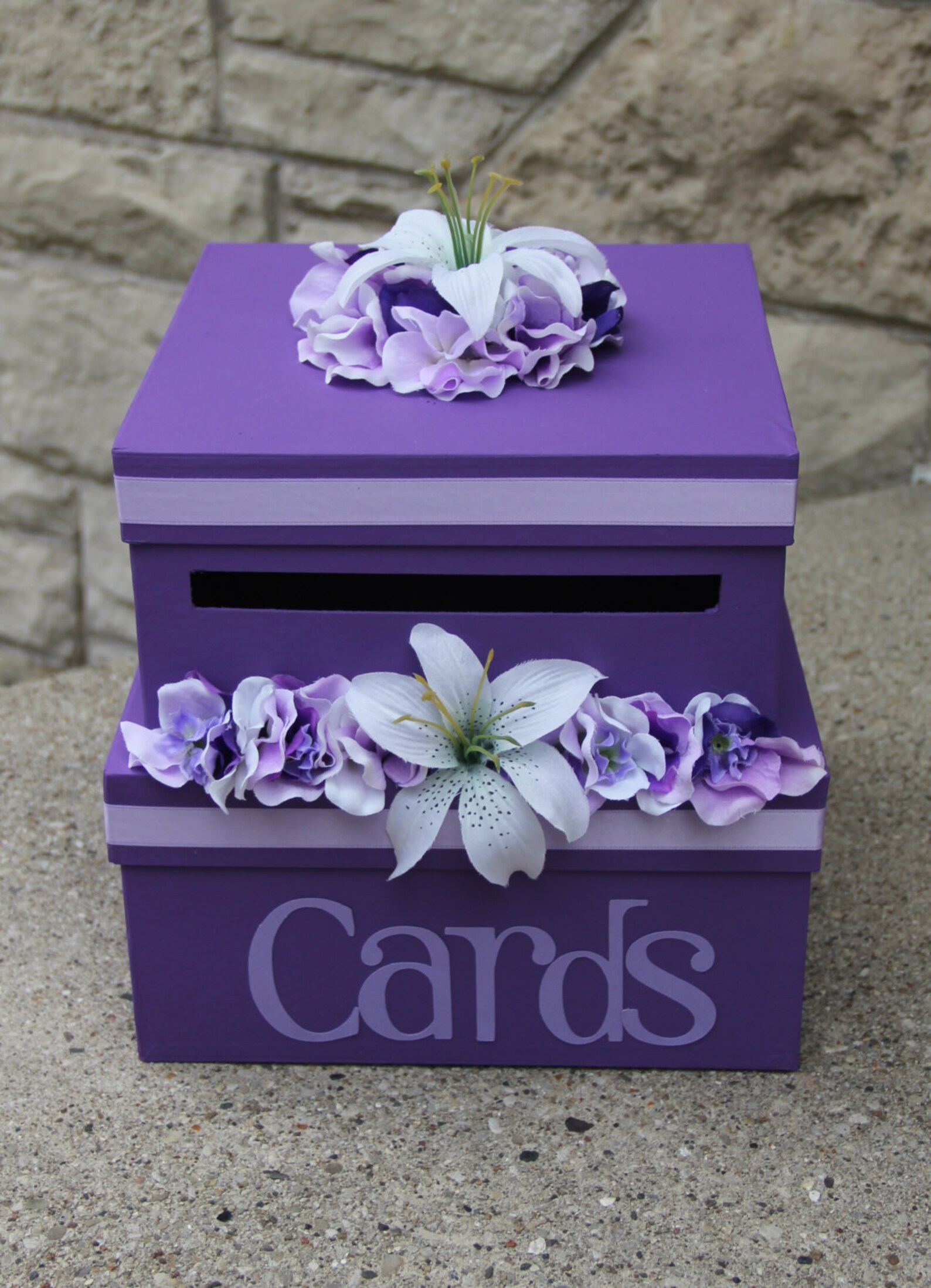 Custom Wedding Card Box, 2 Tier, Card Holder, Square, Purple, Lilies ...