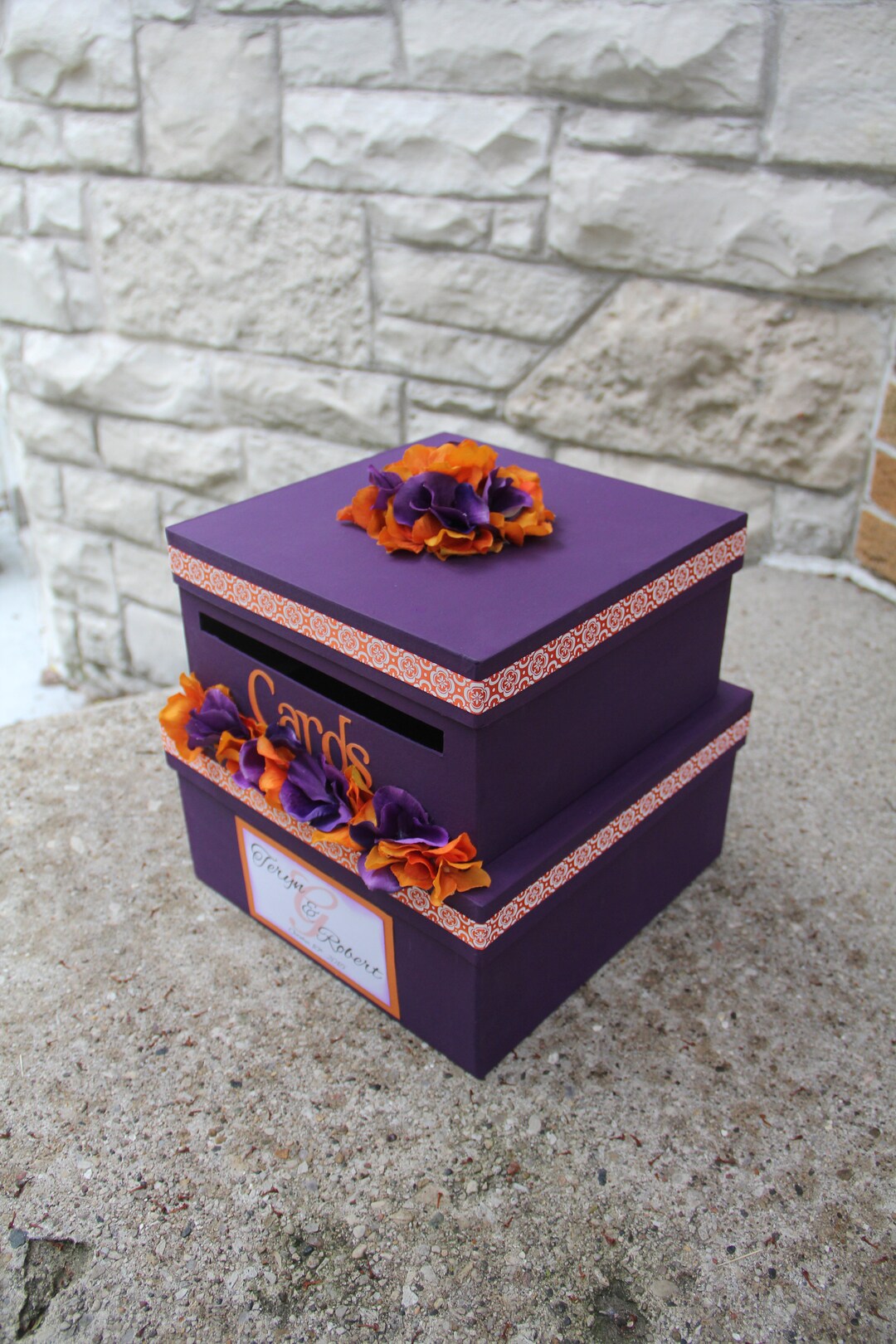 Custom Wedding Card Box, 2 Tier, Card Holder, Square, Purple and Orange ...