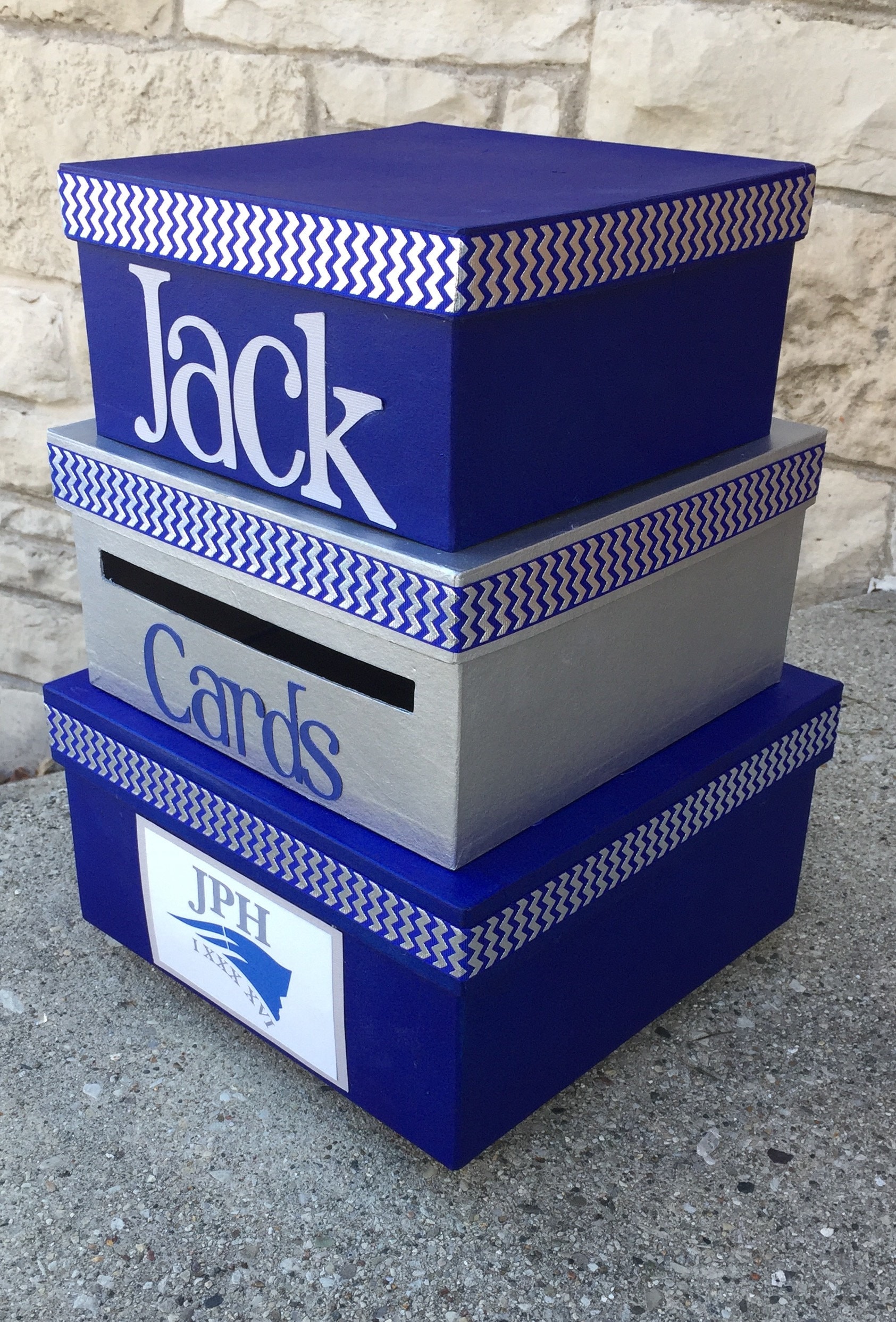 Custom Card Box, 3 Tier, Card Holder, Square, Blue, Silver, Bar Mitzvah ...