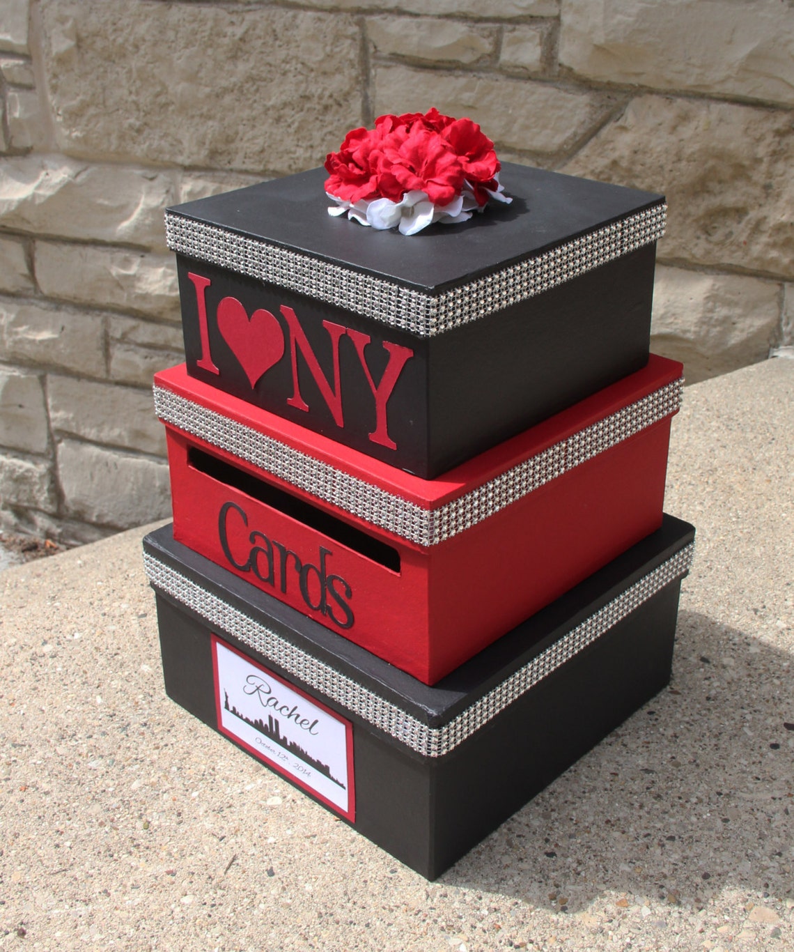 Custom Card Box, 3 Tier, Card Holder, Square, Black and Red, NY Theme ...