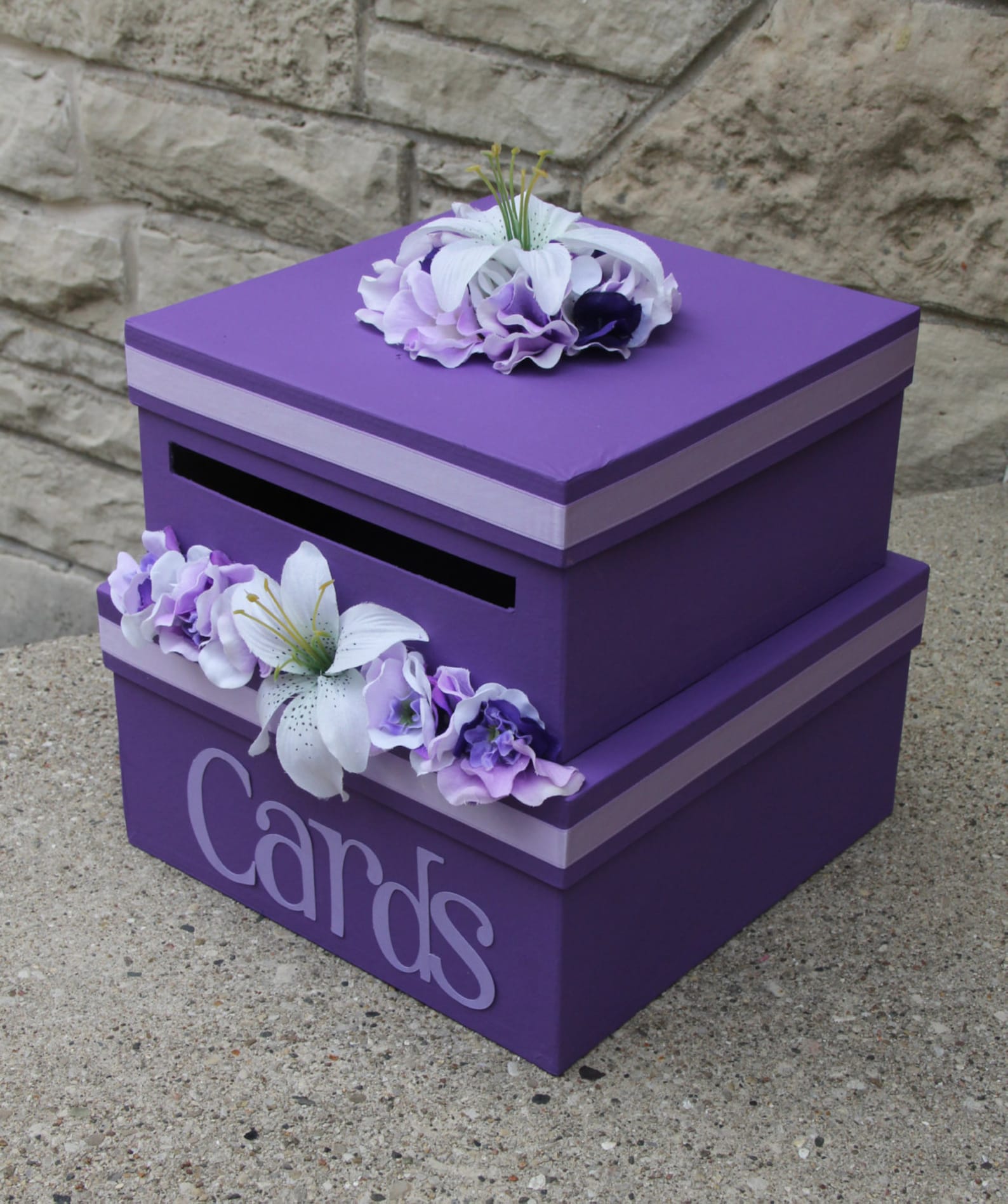 Custom Wedding Card Box, 2 Tier, Card Holder, Square, Purple, Lilies ...