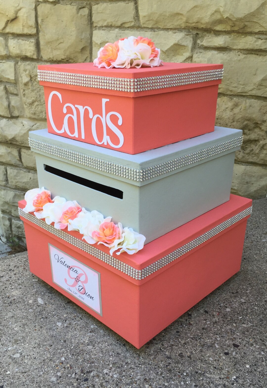 Wedding Card Box, Wedding Card Holder, 3 Tier, Square, Coral and Gray ...
