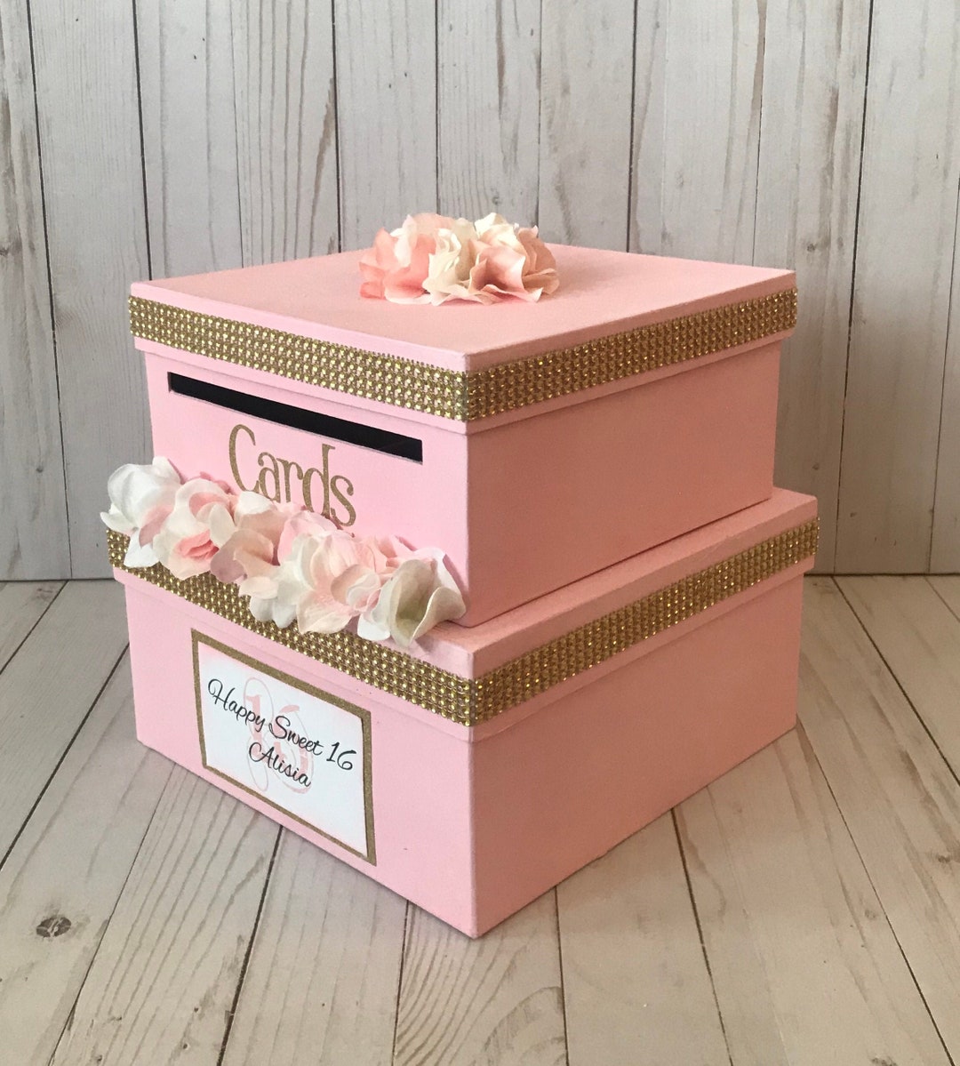 Sweet 16 Card Box, 2 Tier, Square, Blush Pink, Wedding, Bat Mitzvah ...