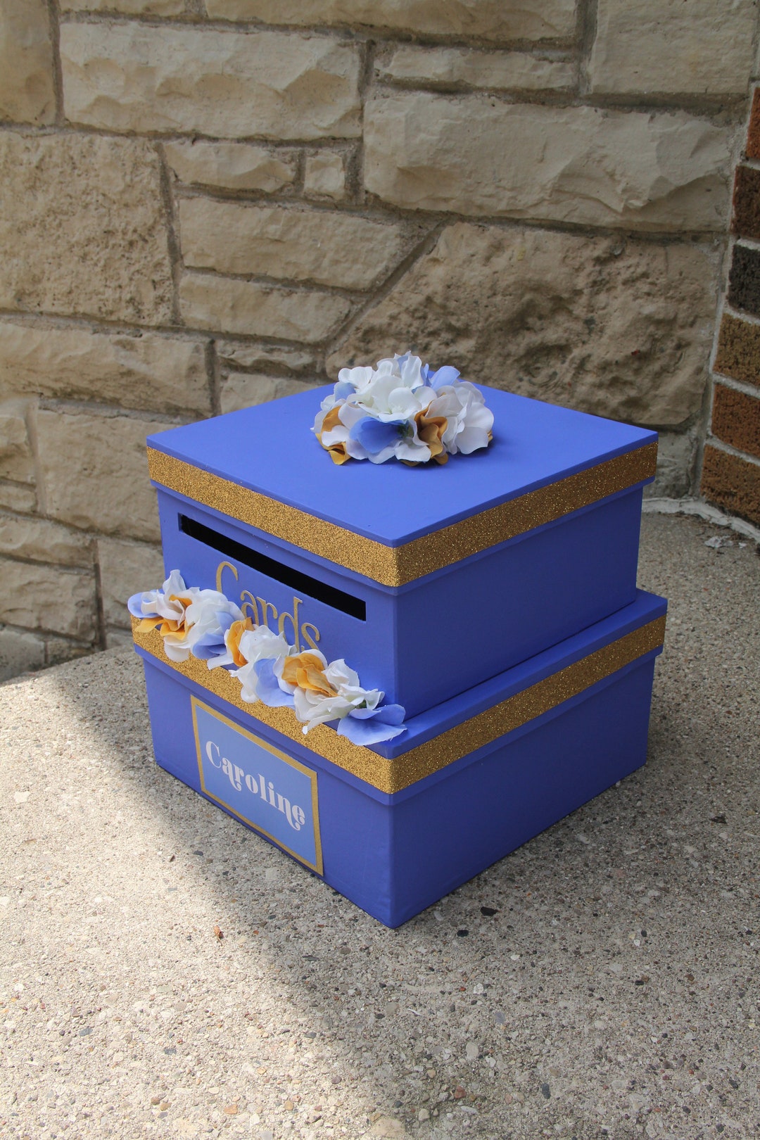 Custom Wedding Card Box, 2 Tier, Card Holder, Square, Blue and Gold ...
