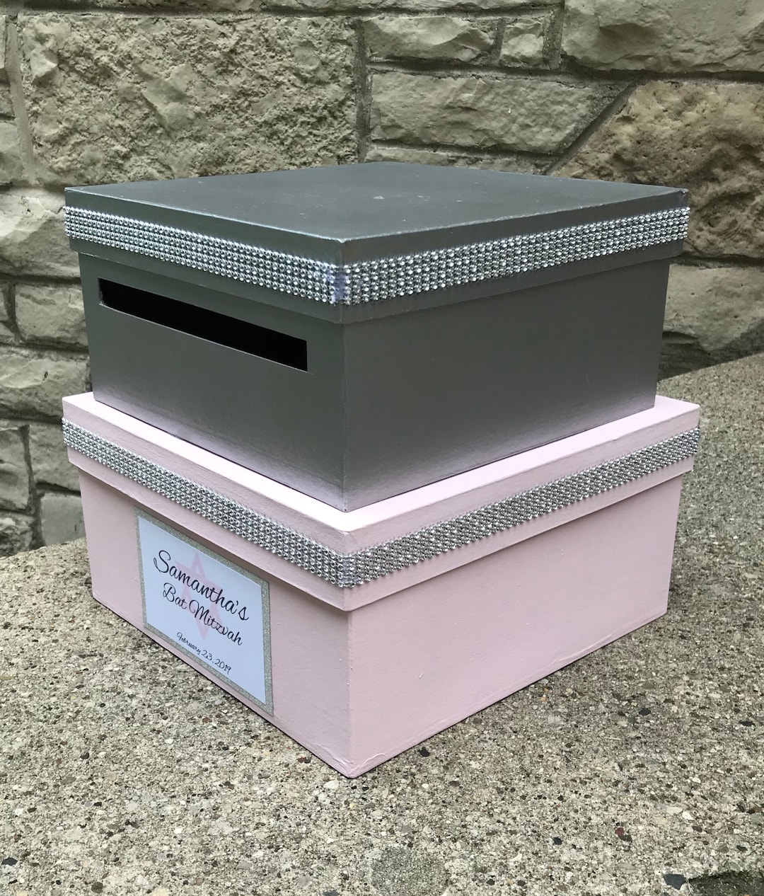 Custom Card Box, 2 Tier, Card Holder, Square, Silver and Pink ...