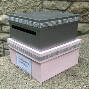 Custom Card Box, 2 Tier, Card Holder, Square, Silver and Pink ...