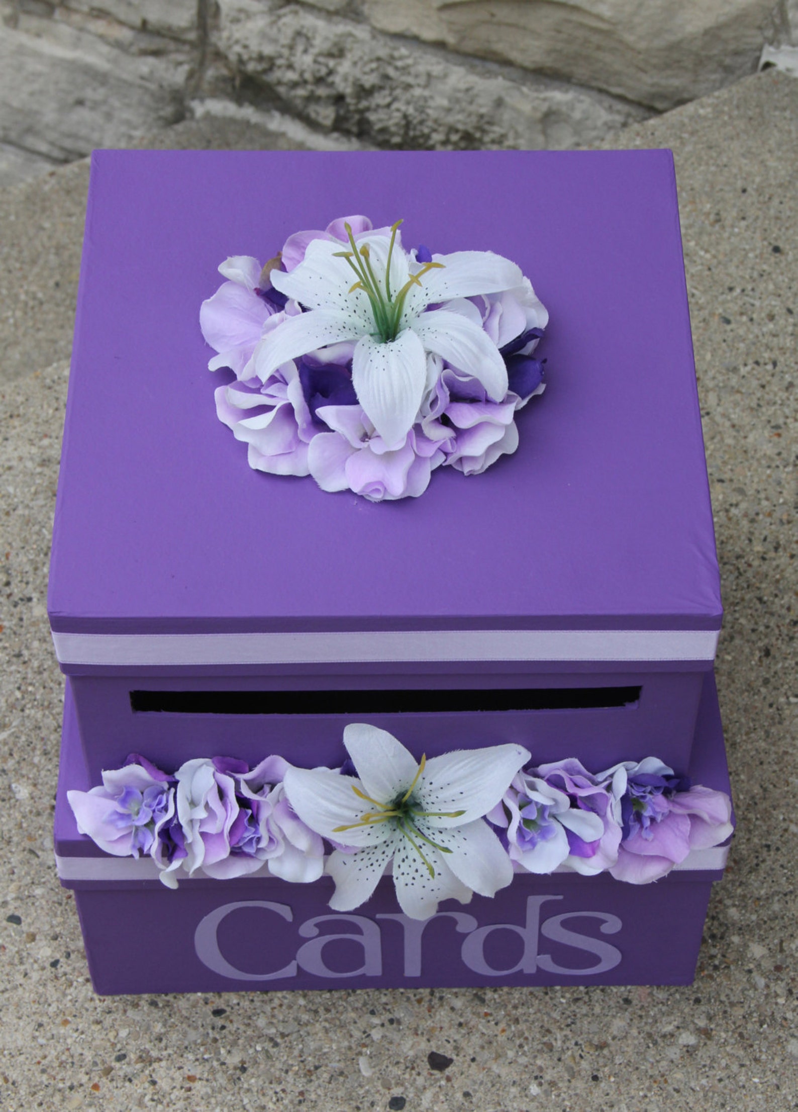 Custom Wedding Card Box, 2 Tier, Card Holder, Square, Purple, Lilies ...