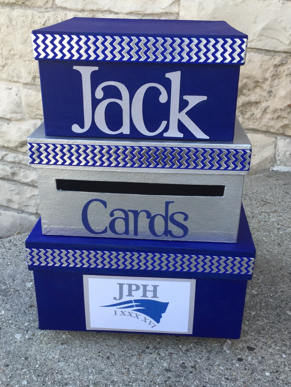 Custom Card Box, 3 Tier, Card Holder, Square, Blue, Silver, Bar Mitzvah ...