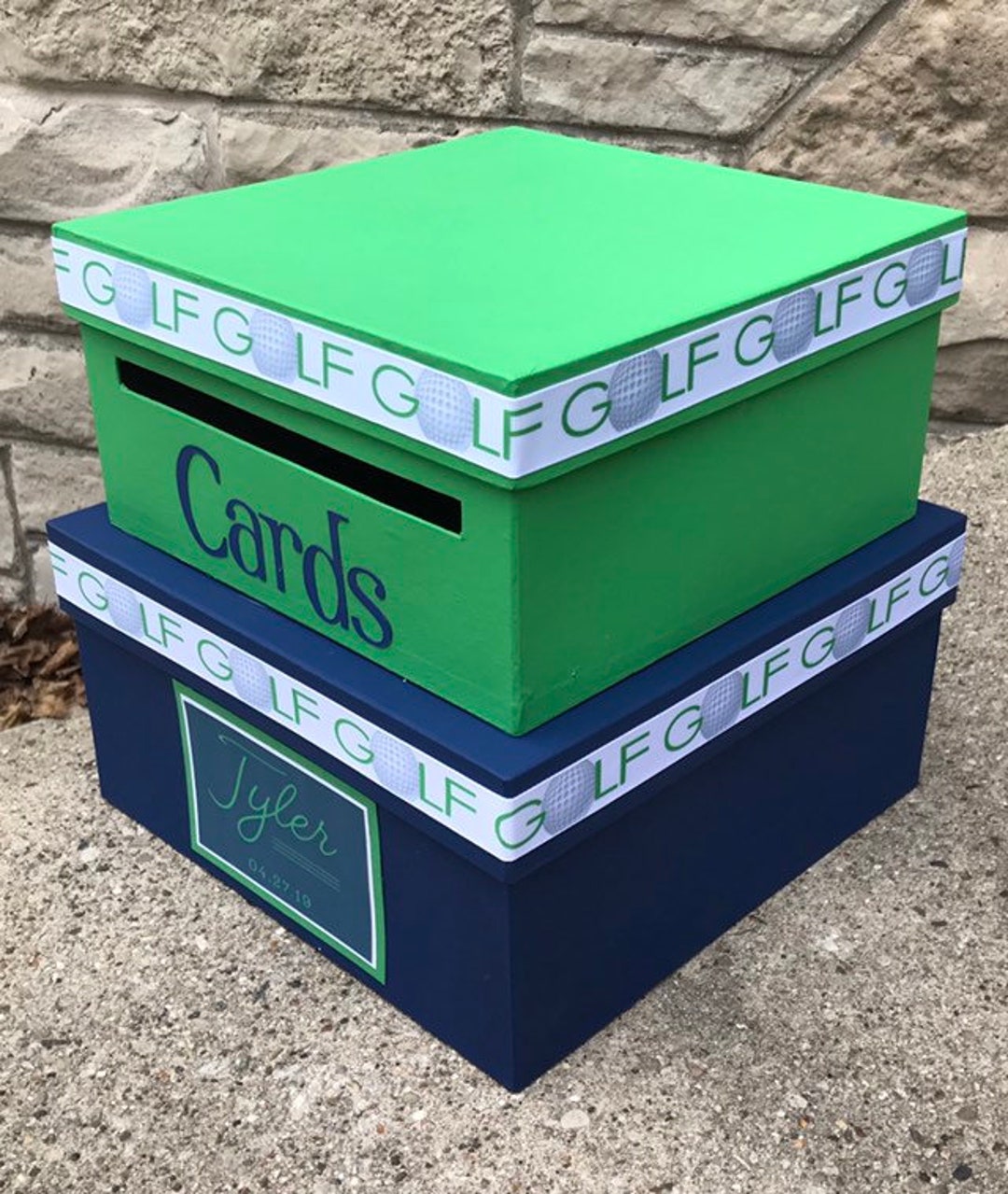 Custom Card Box, 2 Tier, Card Holder, Square, Navy and Green, Sports ...