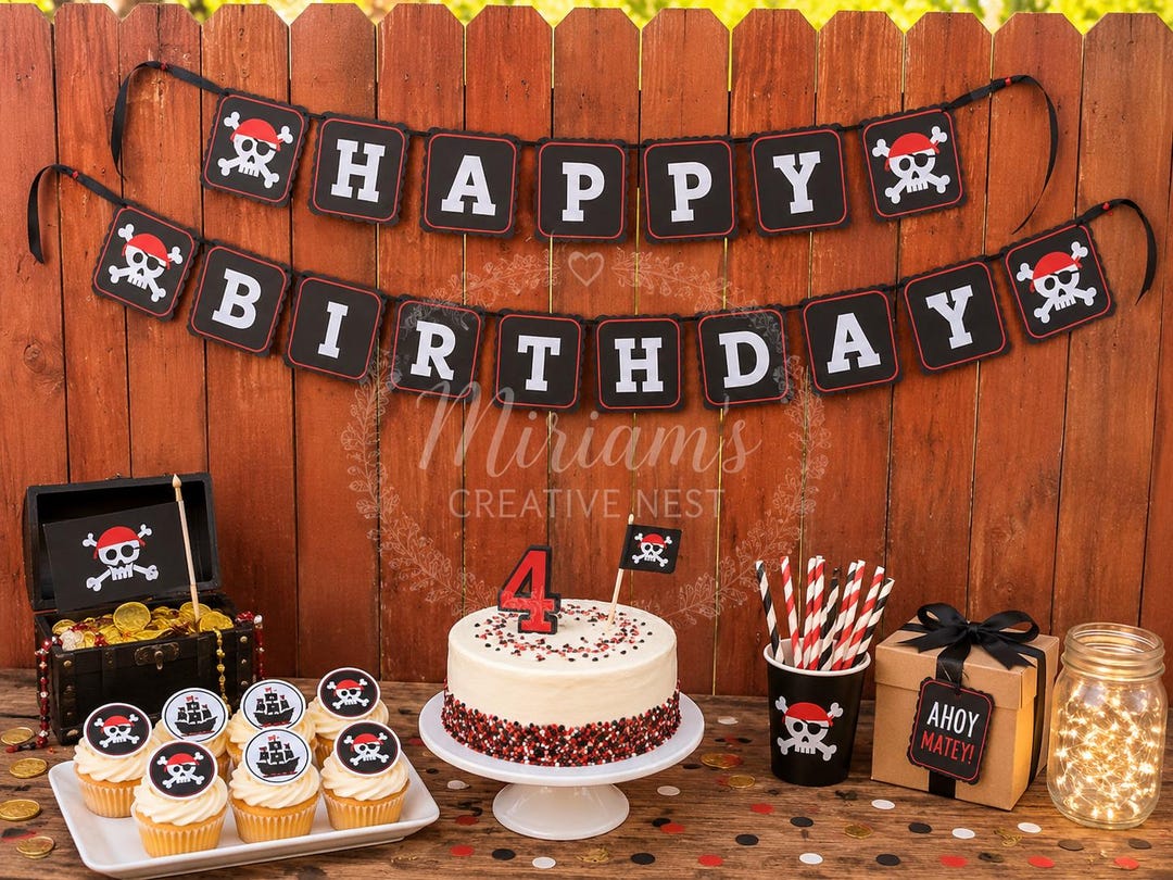 Pirate Birthday Banner, Jolly Roger Party Decorations, First Voyage ...