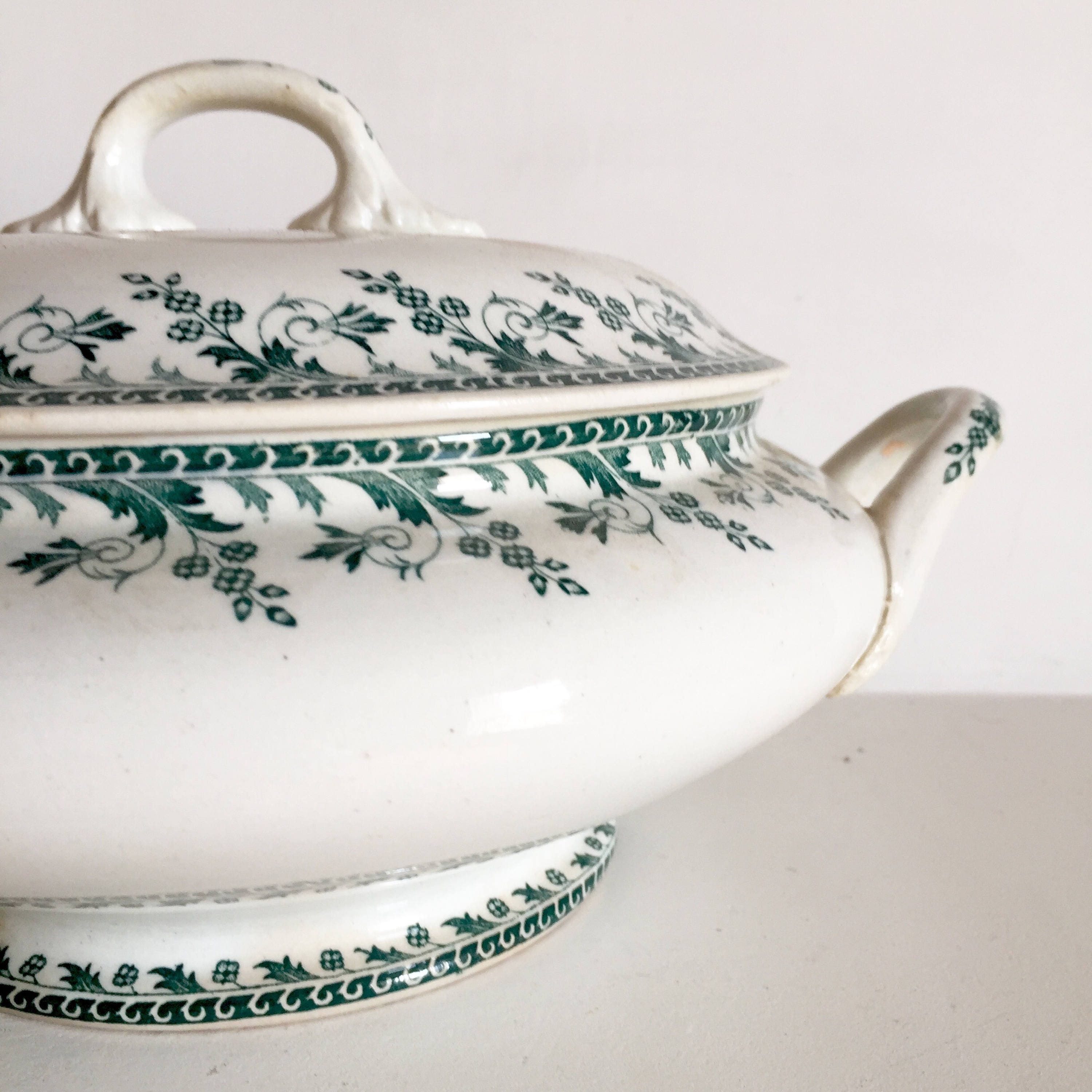 Beautiful French Antique Tureen - Green Transferware Soupier - Soup ...