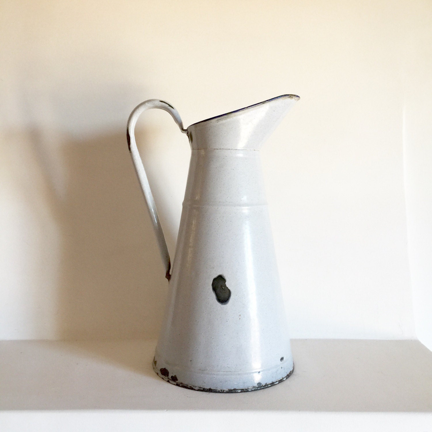 French Vintage Enamel Pitcher - Enamelware Jug - White Enamelware ...