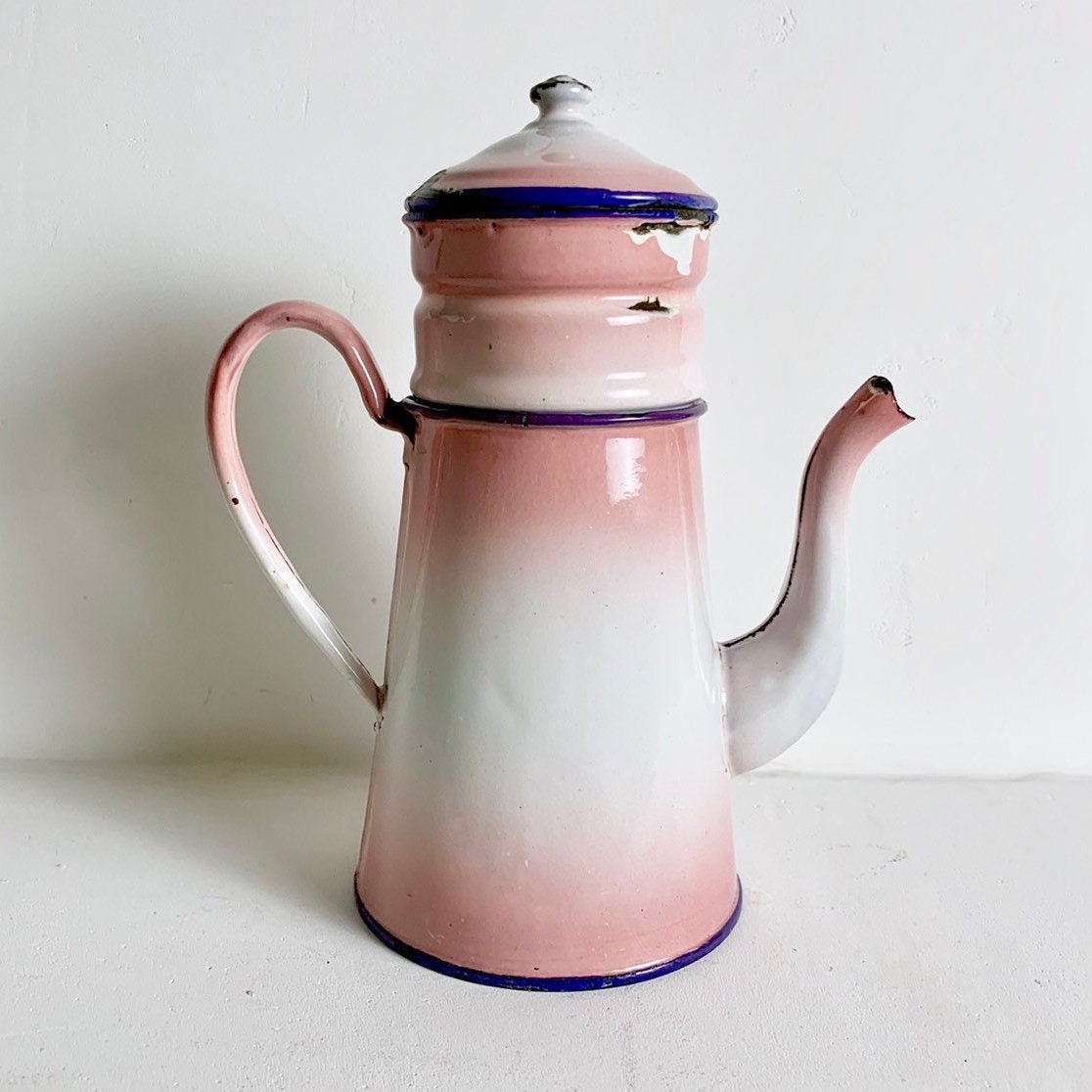 French Vintage Pink Enamelware Coffee Pot - Cafetière - Decorative Pink ...