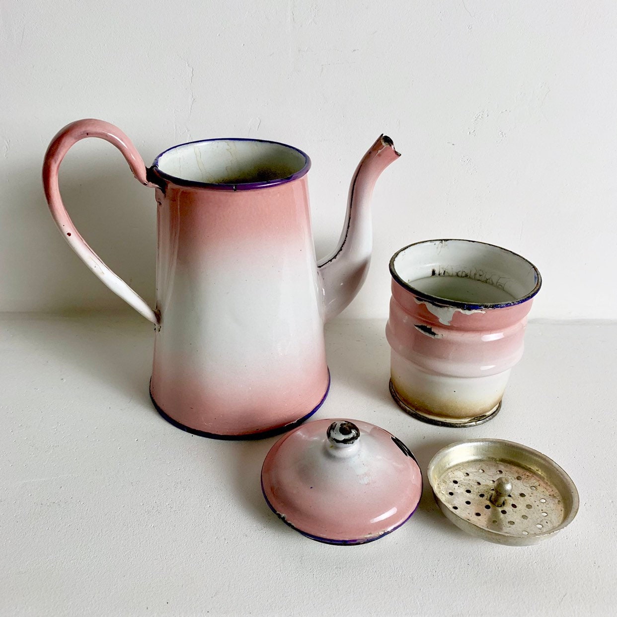 French Vintage Pink Enamelware Coffee Pot - Cafetière - Decorative Pink ...