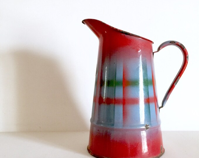 Vintage French Enamel Pitcher - Antique French Enamel Pitcher - Red ...