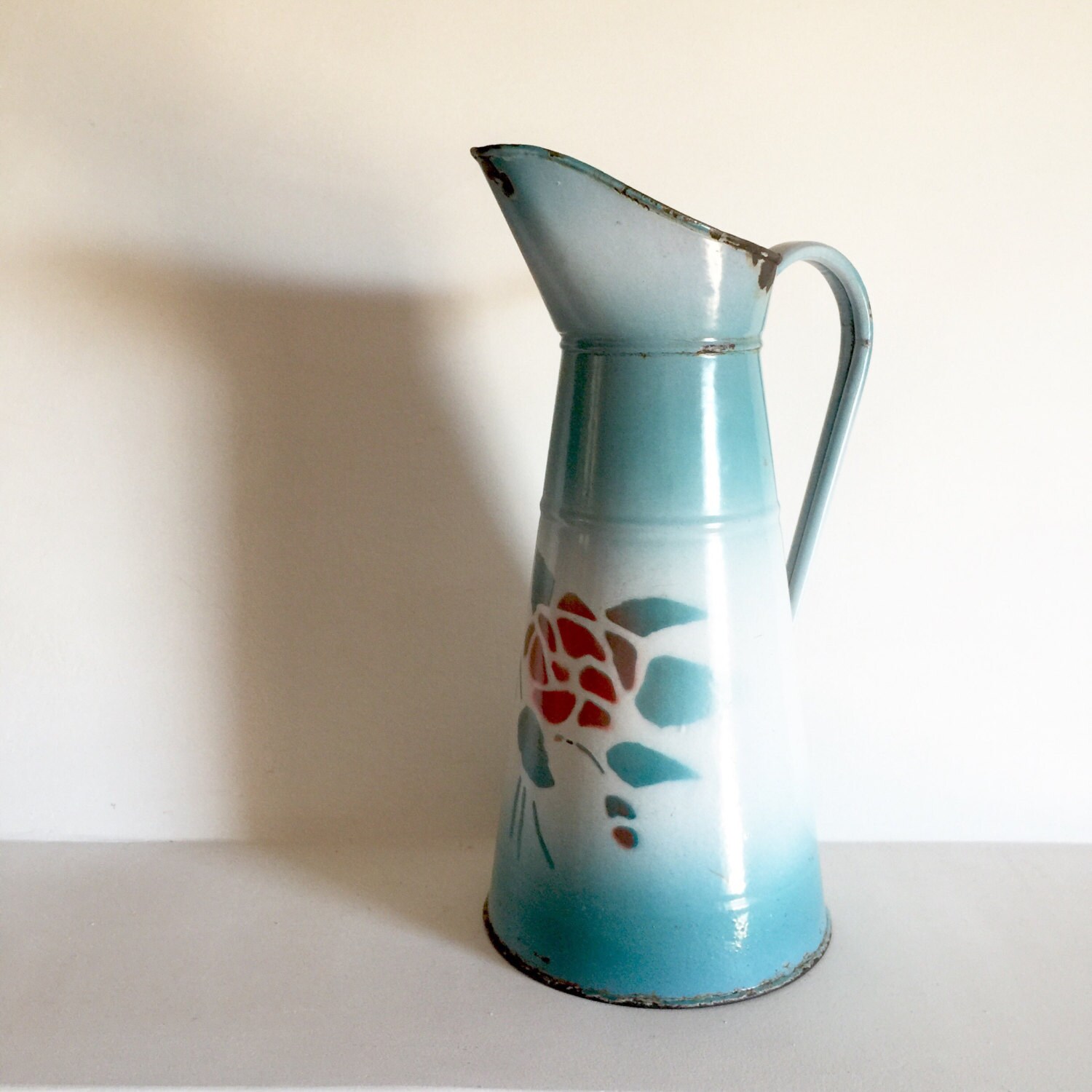 French Antique Enamelware Pitcher - Enamel jug - French Enamelware Vase ...