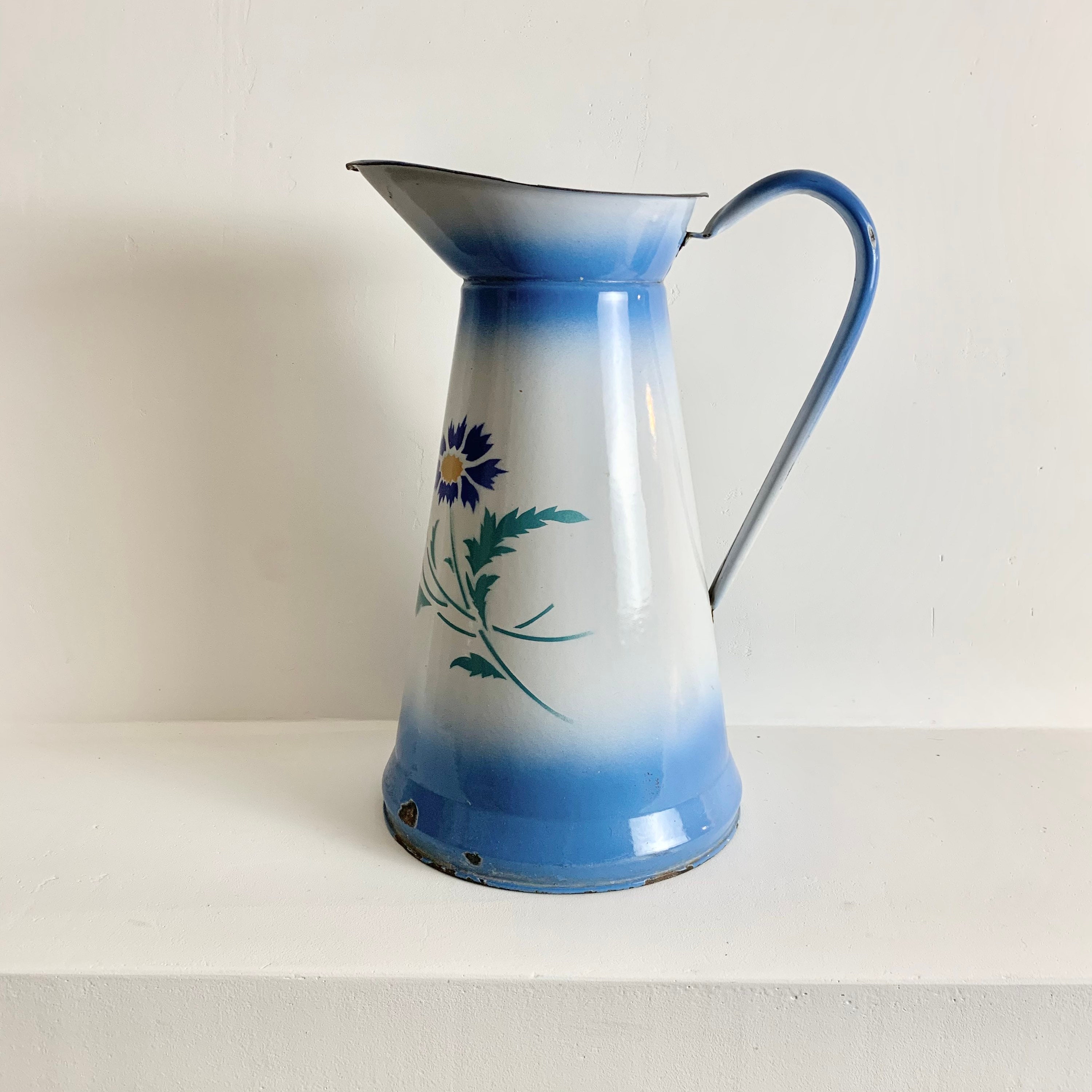 French Antique Enamel Pitcher - Floral Enamel Pitcher - Blue and Green ...