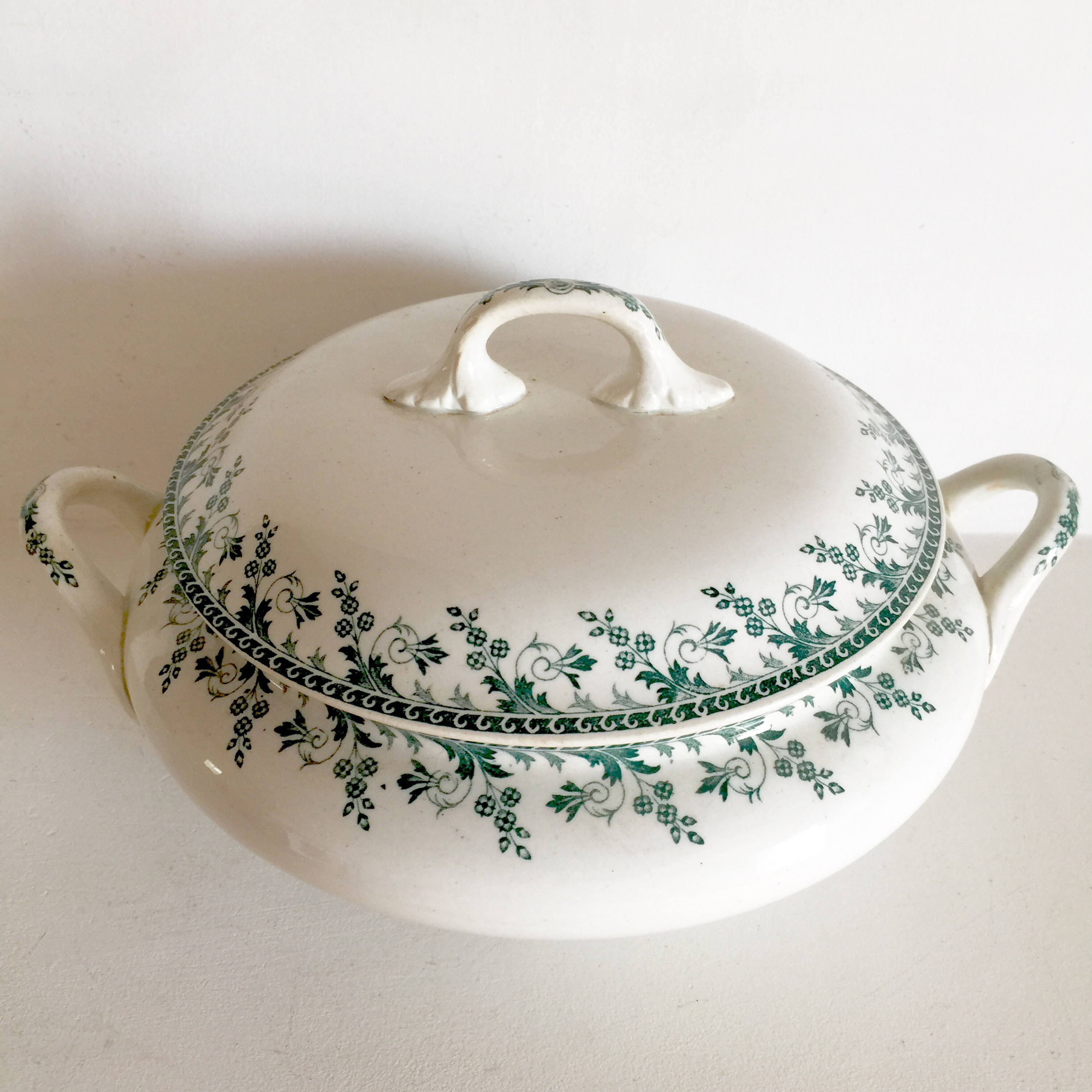 Beautiful French Antique Tureen - Green Transferware Soupier - Soup ...