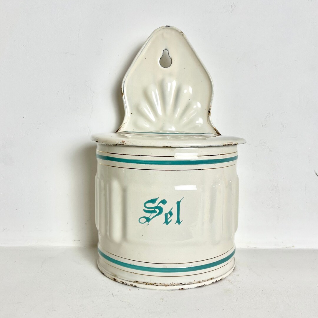Rare French Antique Enamel Salt Keeper - Salt Box - White and Green ...
