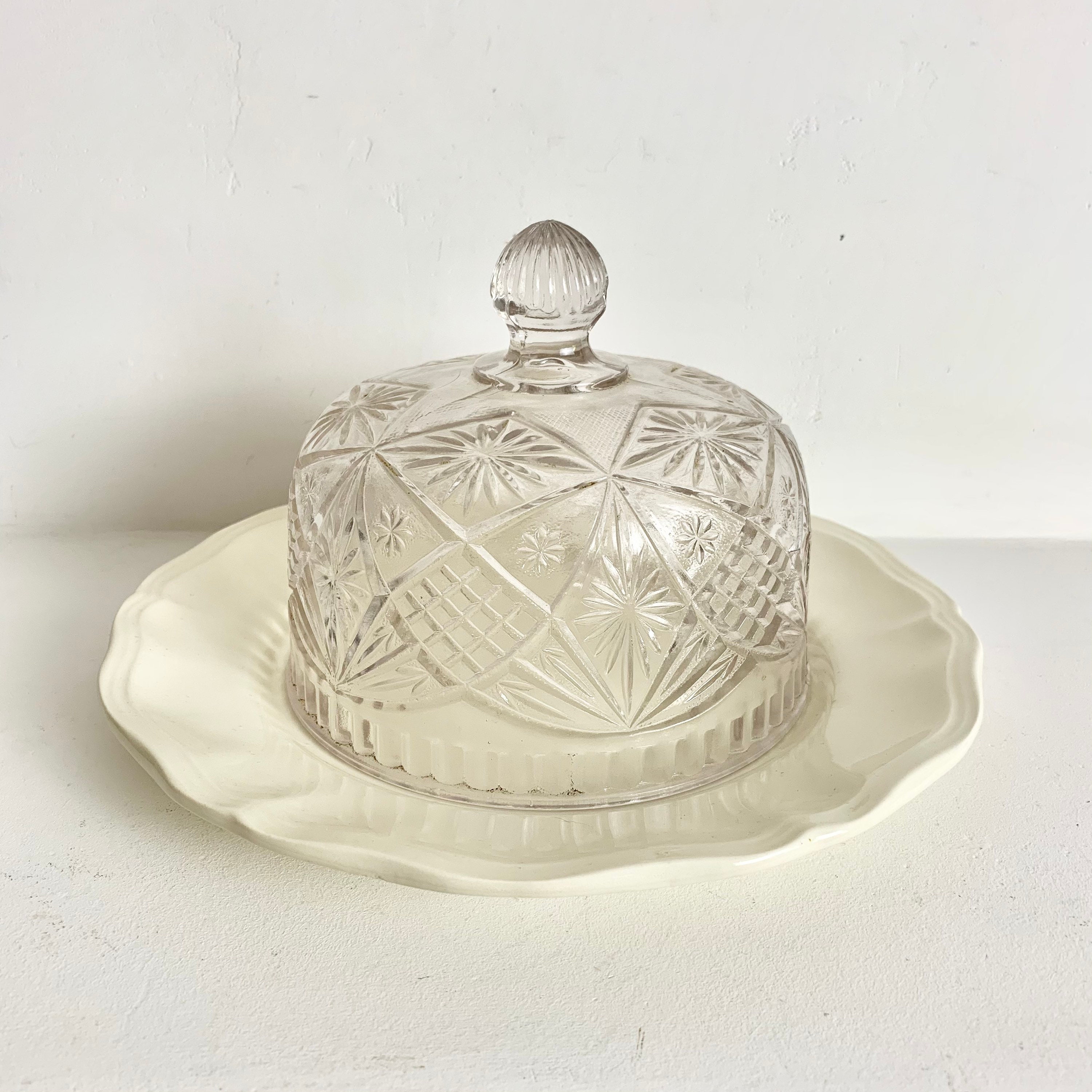 French Vintage Pressed Glass Cheese Dome - Cut Glass - Cheese Cloche ...