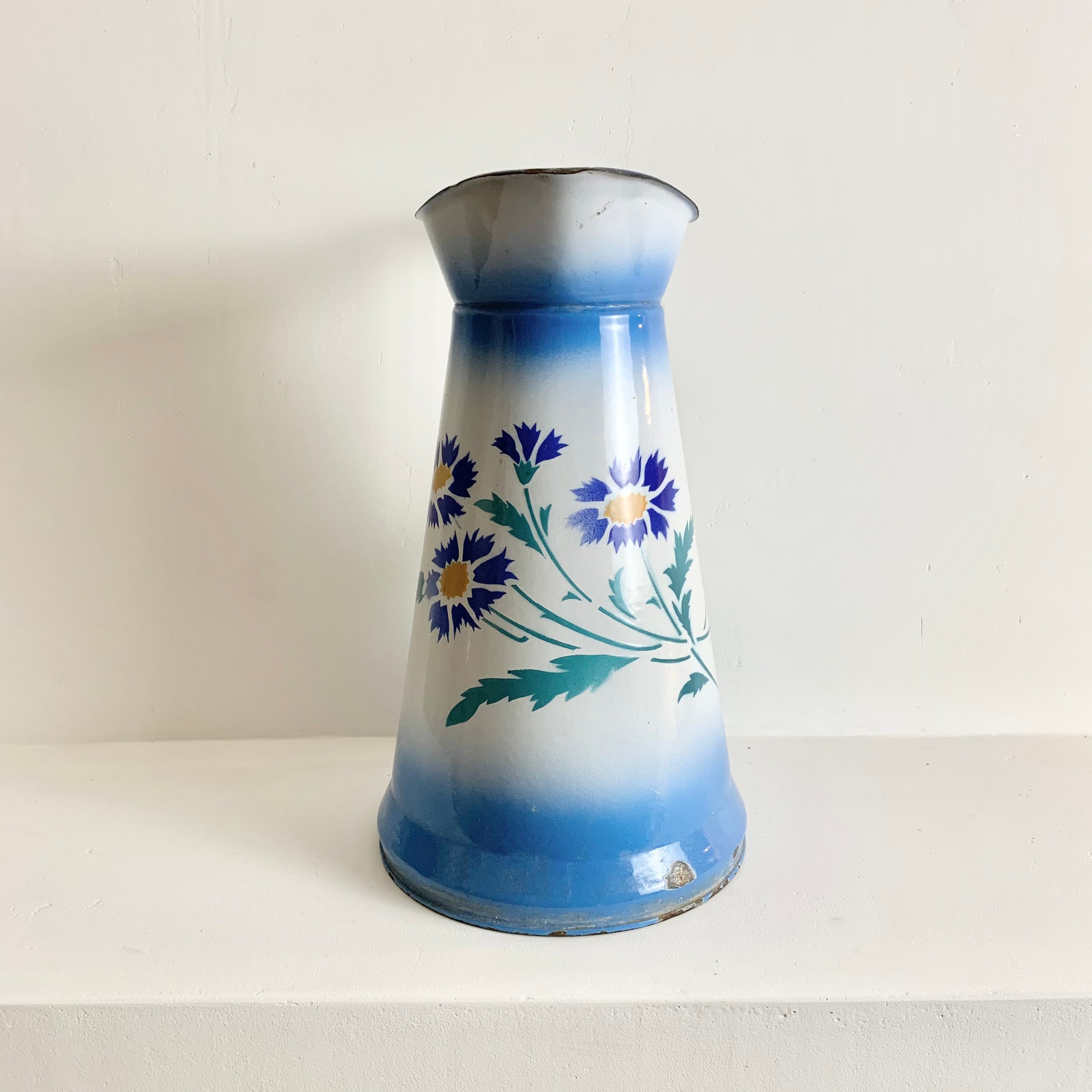 French Antique Enamel Pitcher - Floral Enamel Pitcher - Blue and Green ...