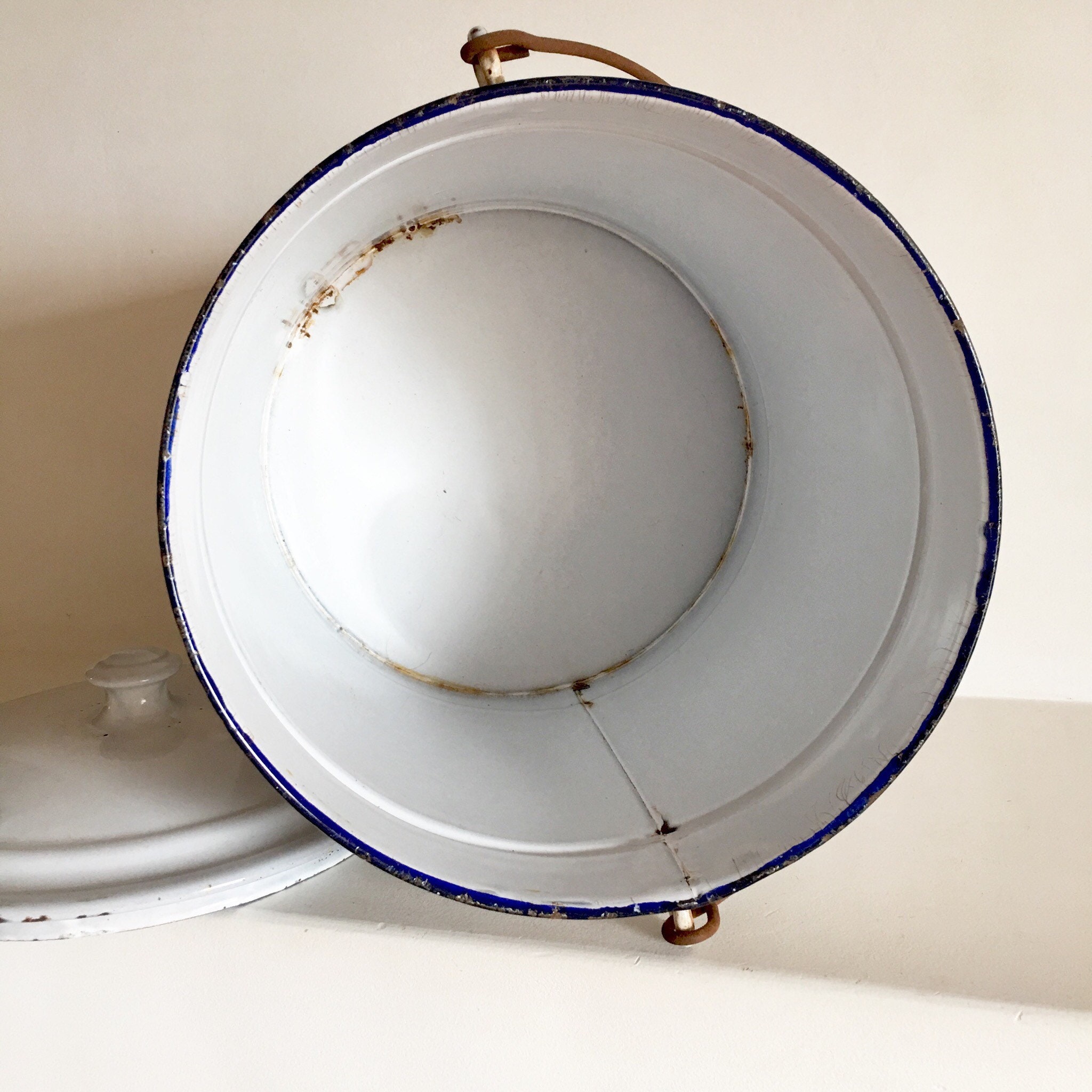 French Vintage Enamel Bucket with Lid - White Enamelware Bucket ...