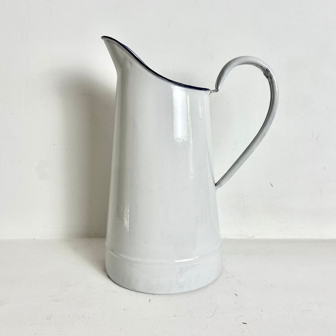 French Vintage White Enamel Pitcher - Enamel Jug - French Antique ...