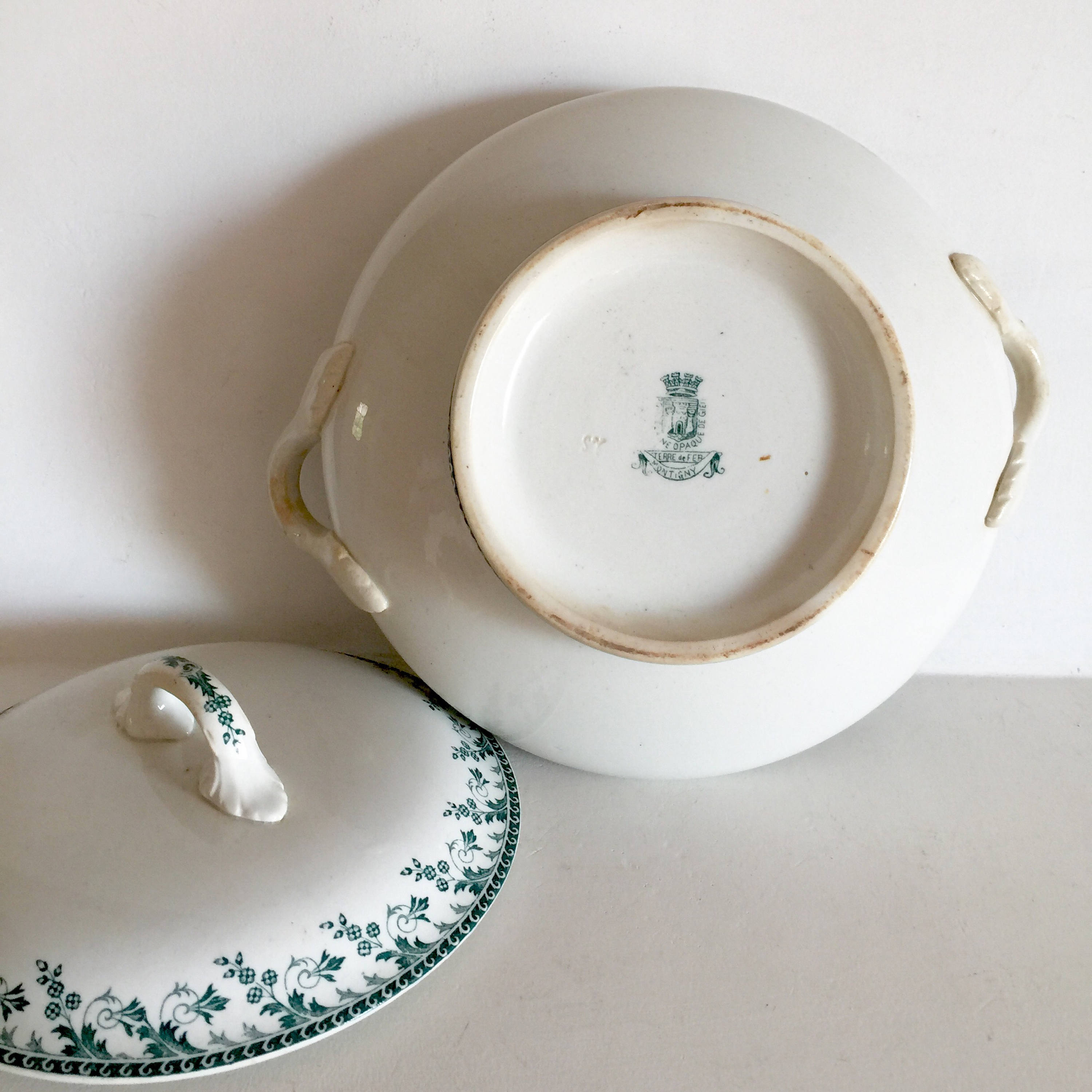Beautiful French Antique Tureen - Green Transferware Soupier - Soup ...