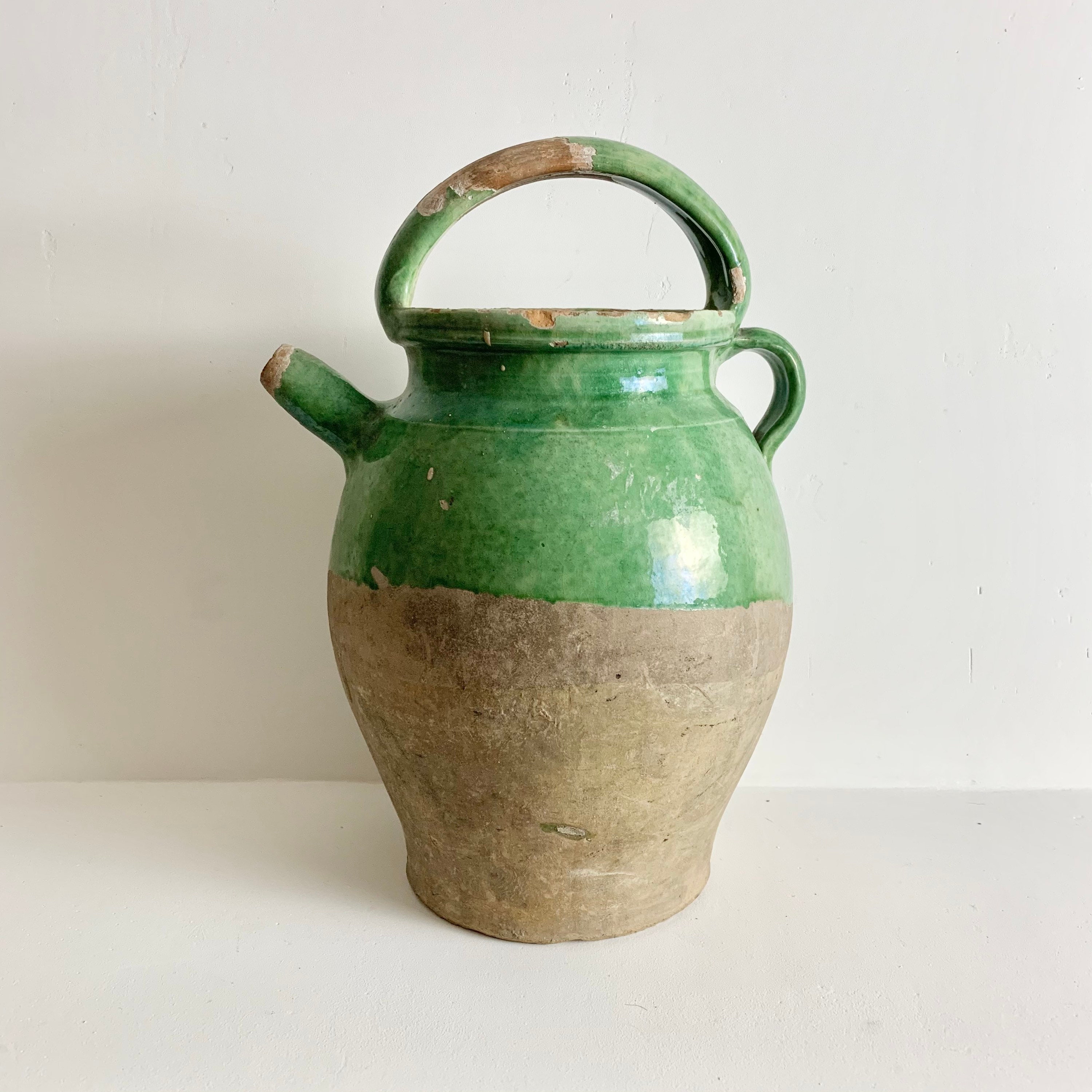 Antique French Stoneware Jug with Green glaze - Antique Terracota Water ...