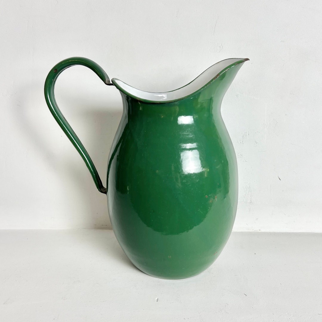 French Vintage Green Enamel Pitcher - Hunter Green Enamelware - French ...