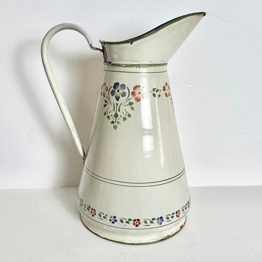 French Antique Enamel Pitcher - Art Nouveau Enamel Pitcher - Green Vine ...