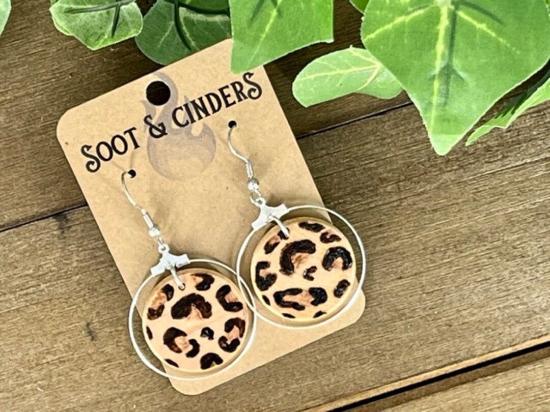 Leopard Print Hand Made Wood Burned Earrings | Animal Pattern Round ...