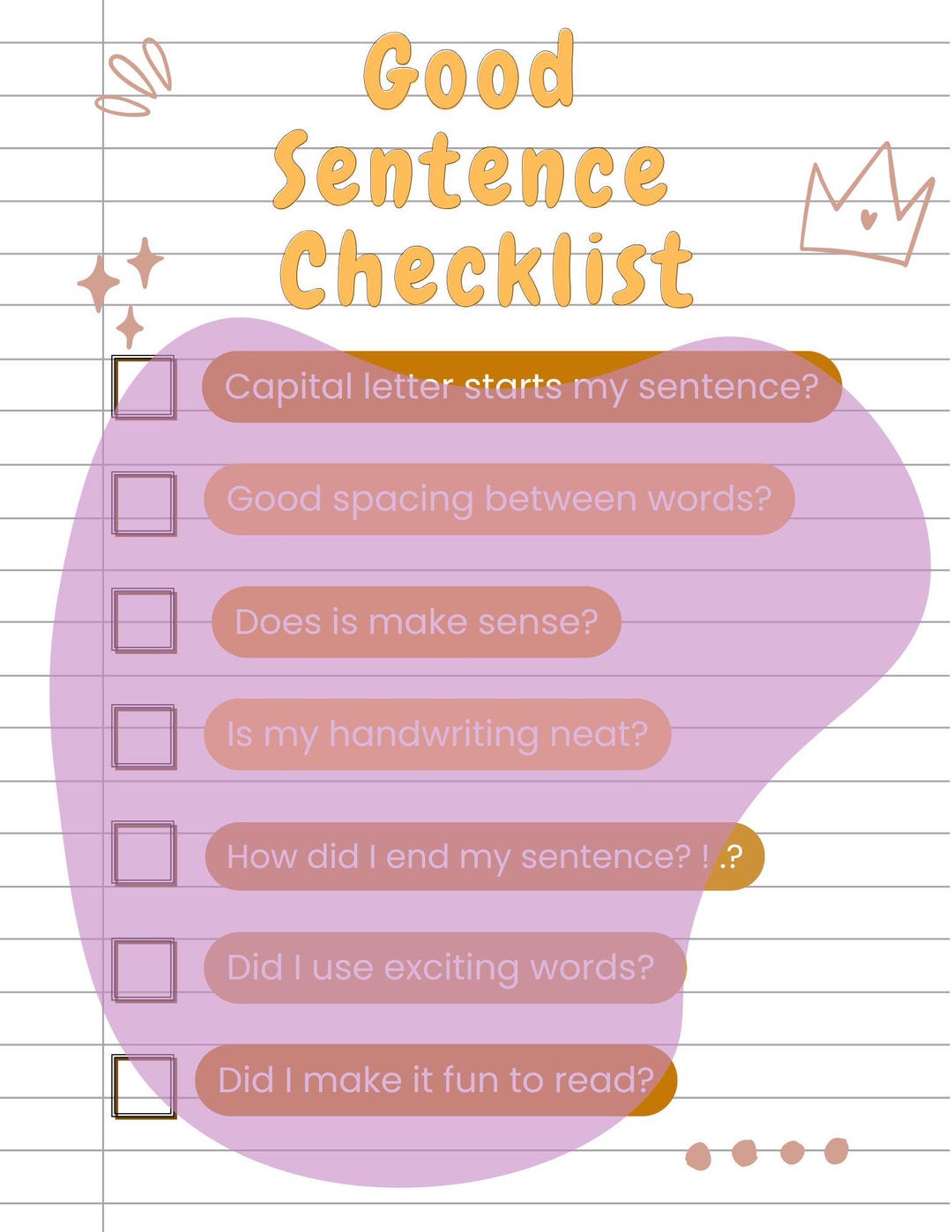 Student Sentence Writing Checklist Printable - Fun Editing Guide for ...