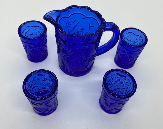 Mini Cobalt Blue Pitcher & 4 Glasses With Embossed Peacock Motif - Etsy