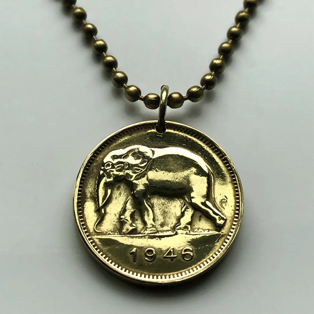 1944 Belgian Congo Zaire 1 Franc Coin Pendant African Elephant Kinshasa ...