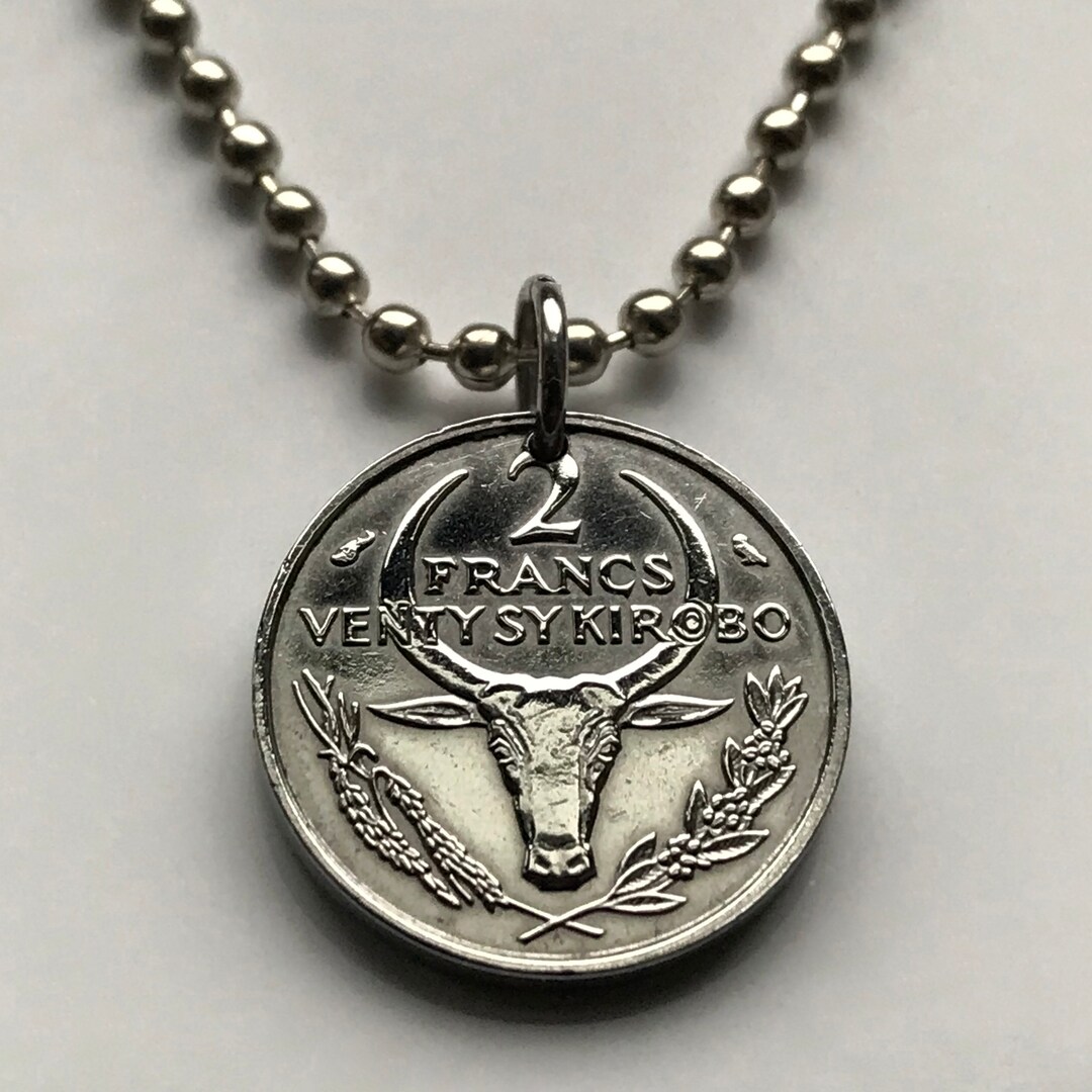 1965 Madagascar 2 Francs Zebu Bull Horns Antananarivo Tana Coin Pendant ...