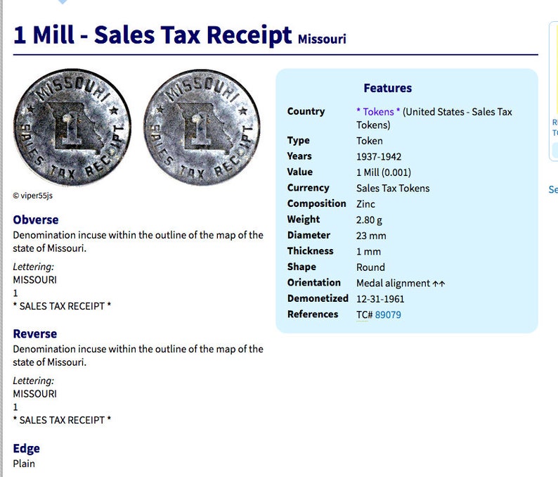Antique USA Missouri 1 Mill Sales Tax Receipt token coin | Etsy