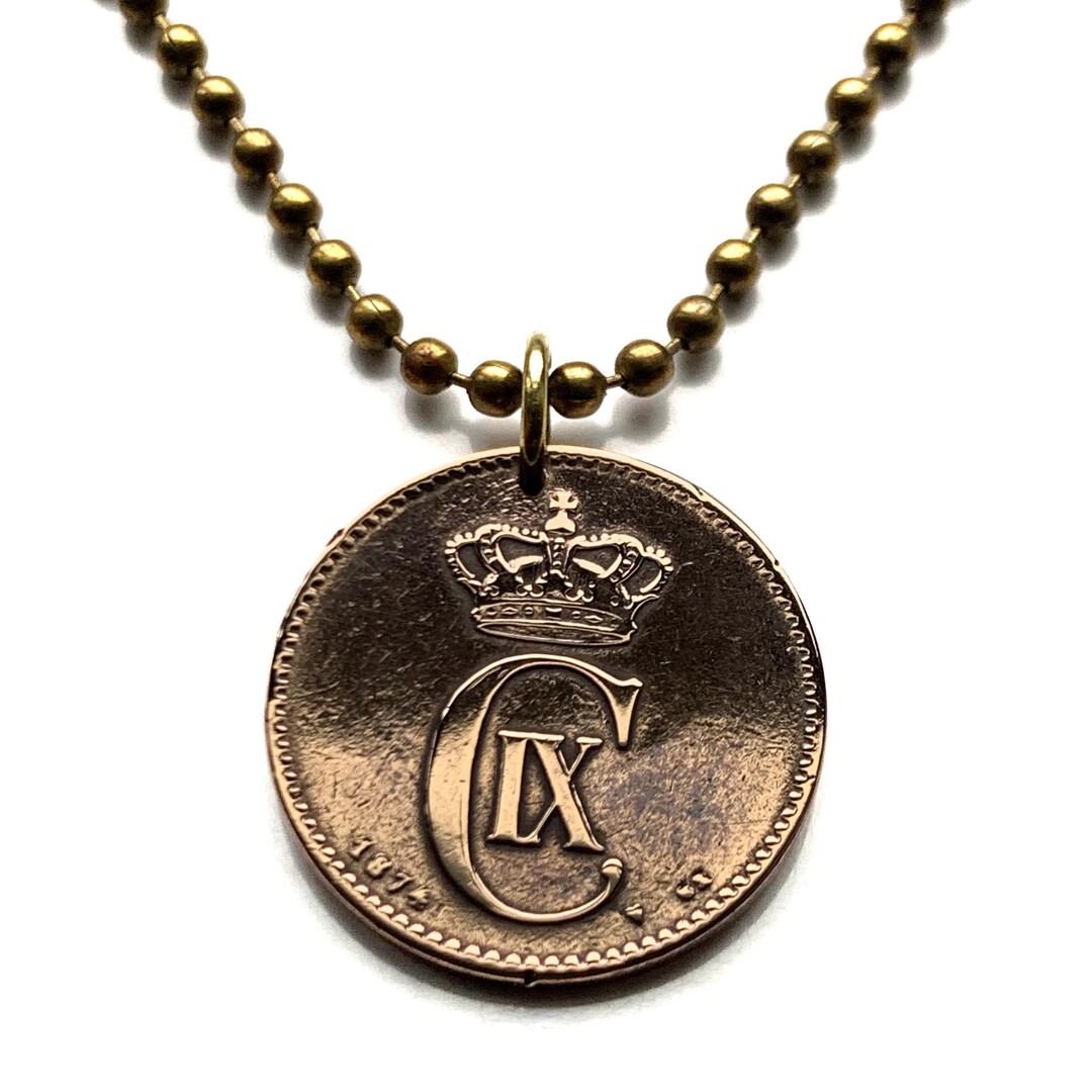 1874 Denmark Danmark 2 Ore Coin Pendant Danish Dolphin Porpoise Initial ...