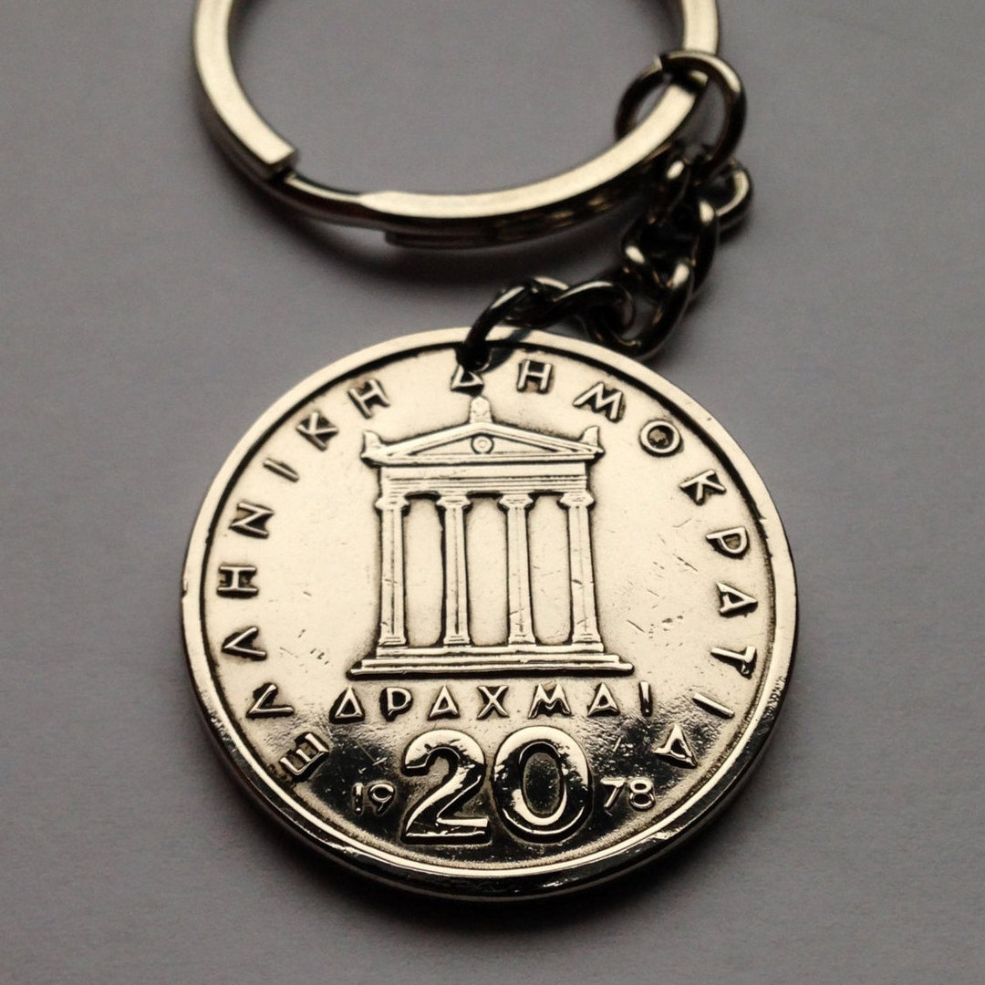 1986 Greece Hellas 20 Drachmai Coin Keychain Temple of Athena Nike ...