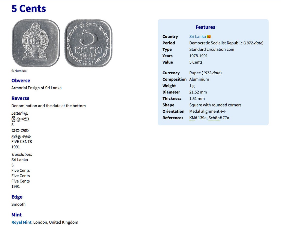 1978 Sri Lanka Ceylon 5ct Coin Pendant Golden Lion Kastane Sword Blue ...