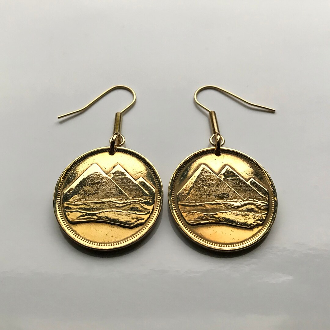 1984 Egypt 5 Piastres Coin Earrings Giza Pyramids Khufu Khafra Menkaure ...