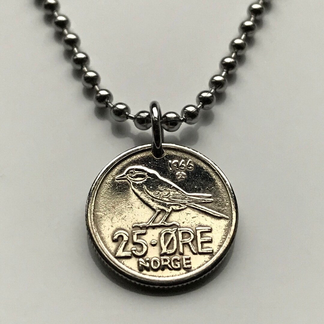 1965 Norway Norge Noreg 25 Ore Coin Pendant Siberian Tit Bird Oslo ...