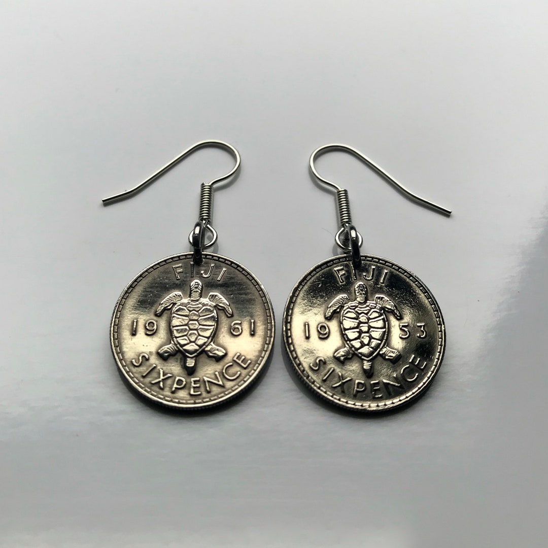 Fiji 6 Pence Coin Fijian Cute Sea Turtle Earrings Suva Beach - Etsy