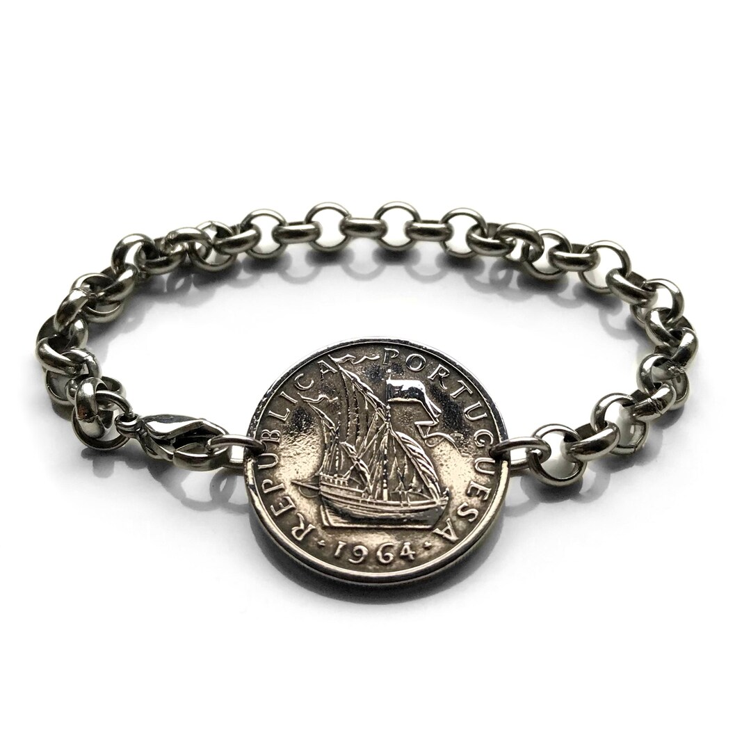 1977 Portugal 5 Escudos Coin Bracelet Portuguese Caravela Sailing Ship ...
