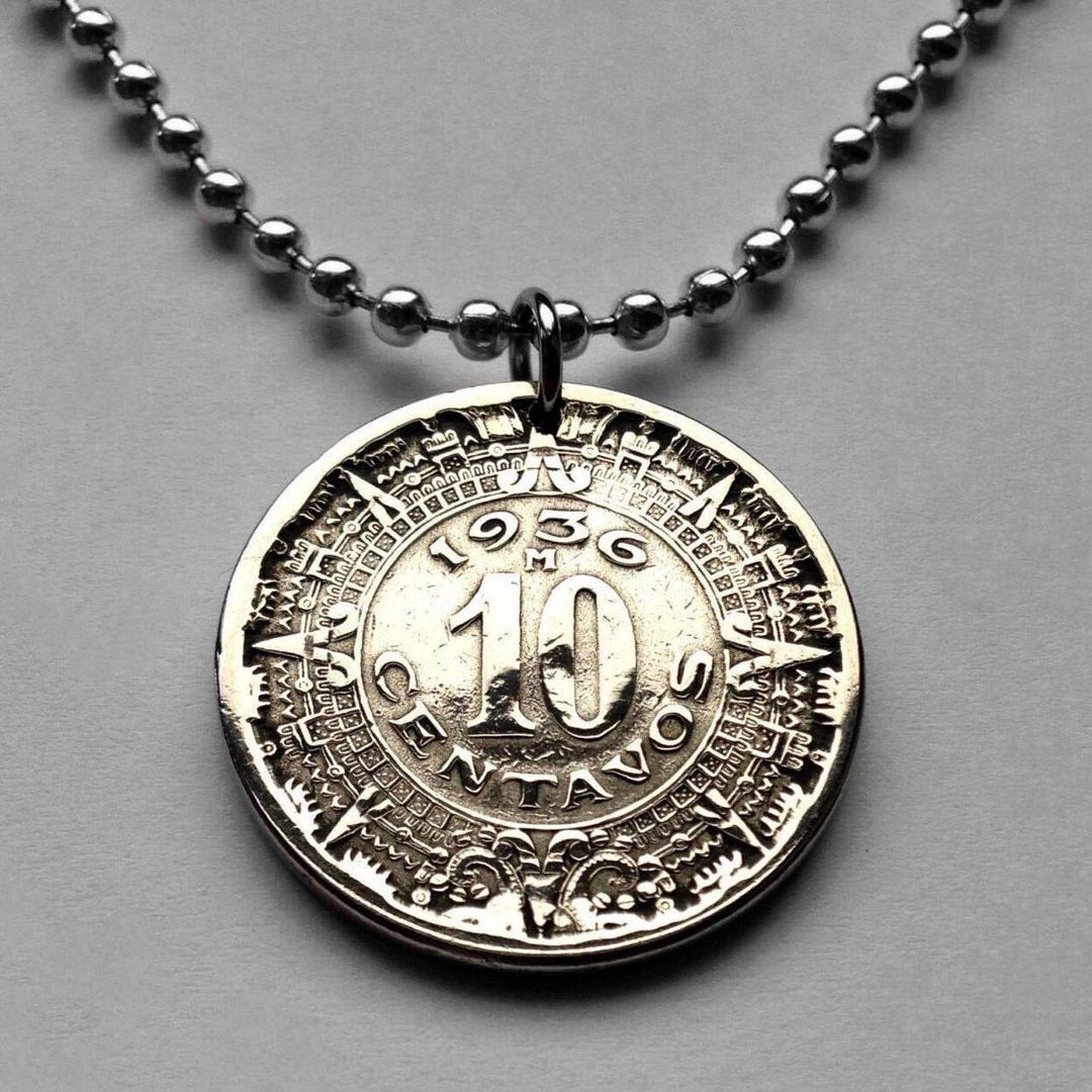 1936 Mexico 10 Centavos Coin Pendant Aztec Sun Stone Calendar Piedra ...