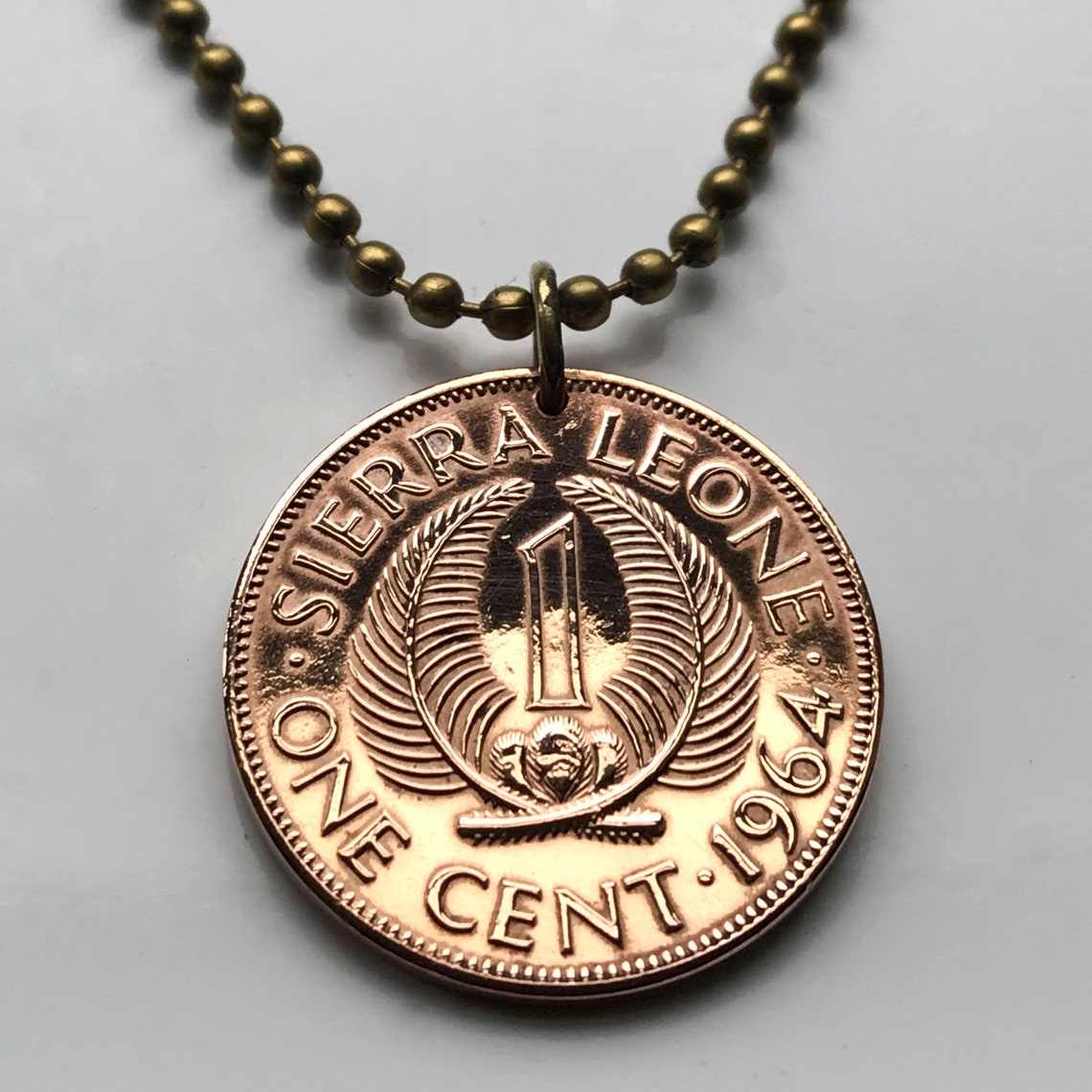 1964 Sierra Leone 1 Cent Coin Pendant Fern Leaves Freetown Sefadu Port ...