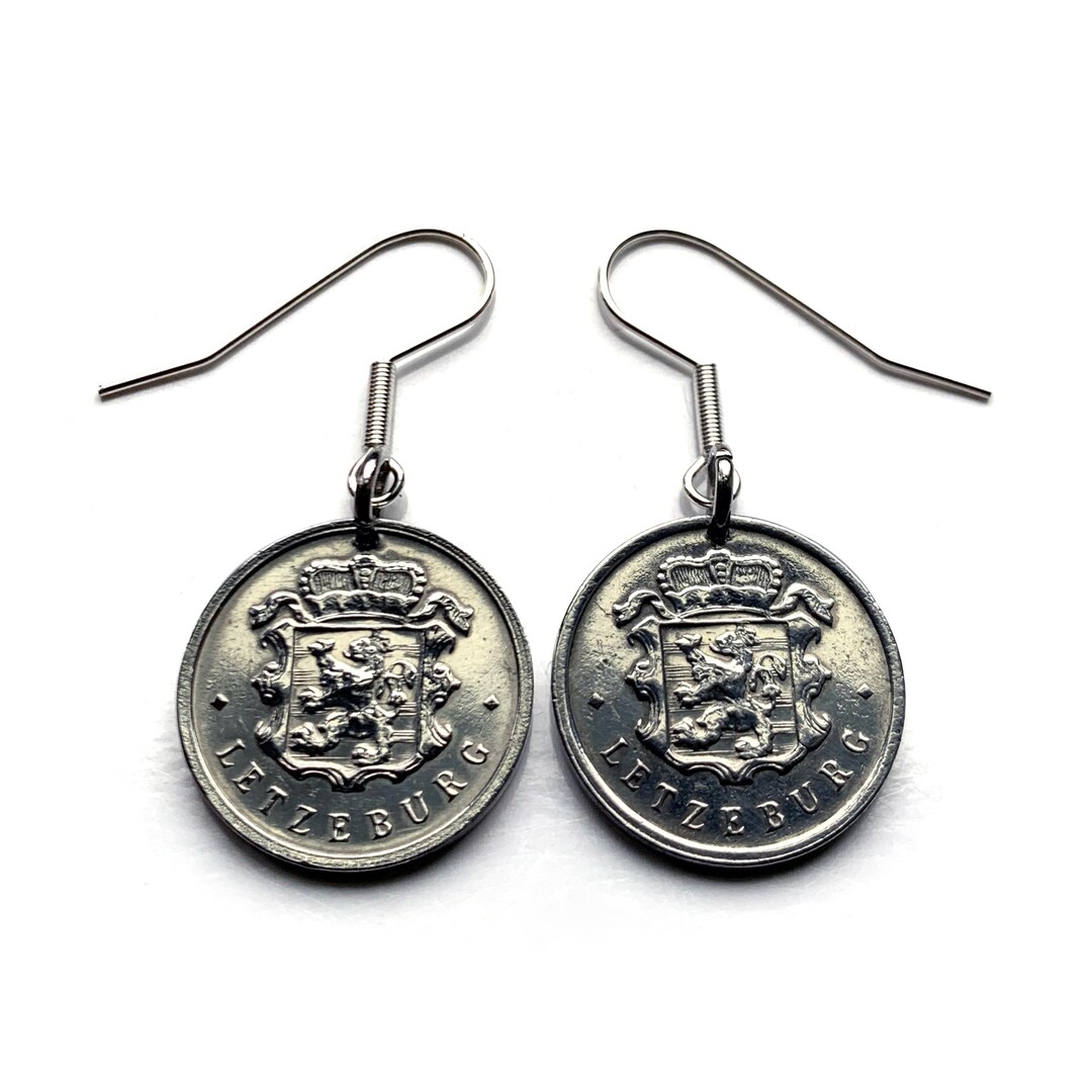 Luxembourg Letzeburg 25 Centimes Coin Earrings Luxembourgish Lion Crown ...