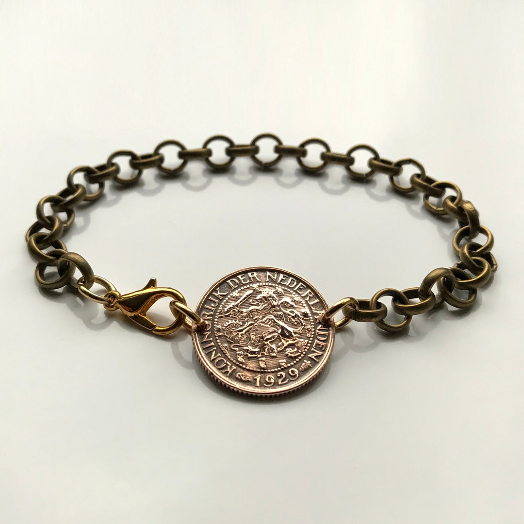 1928 Netherlands Nederlanden 1 Cent Coin Chain Bracelet Dutch Lion ...