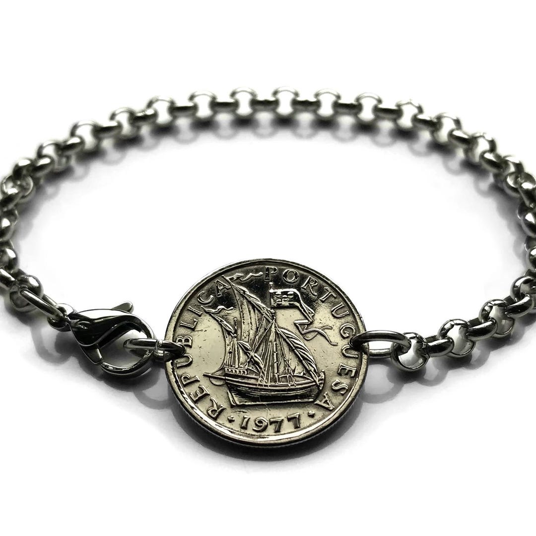 1977 Portugal 2-1/2 Escudos Coin Bracelet Portuguese Caravela Ship ...