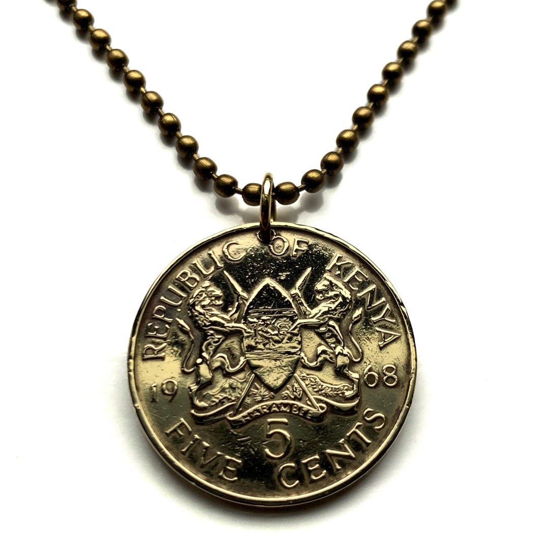 1968 Kenya 5 Cents Coin Pendant Kenyan Lions East African Shield Safari ...